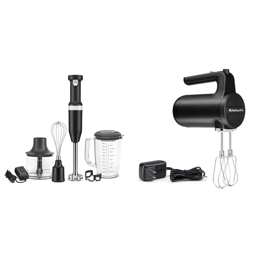 KitchenAid Cordless Variable Speed Hand Blender with Chopper and Whisk Attachment - KHBBV83 (Matte Black) and KitchenAid Cordless 7 Speed Hand Mixer - KHMB732 (Matte Black)