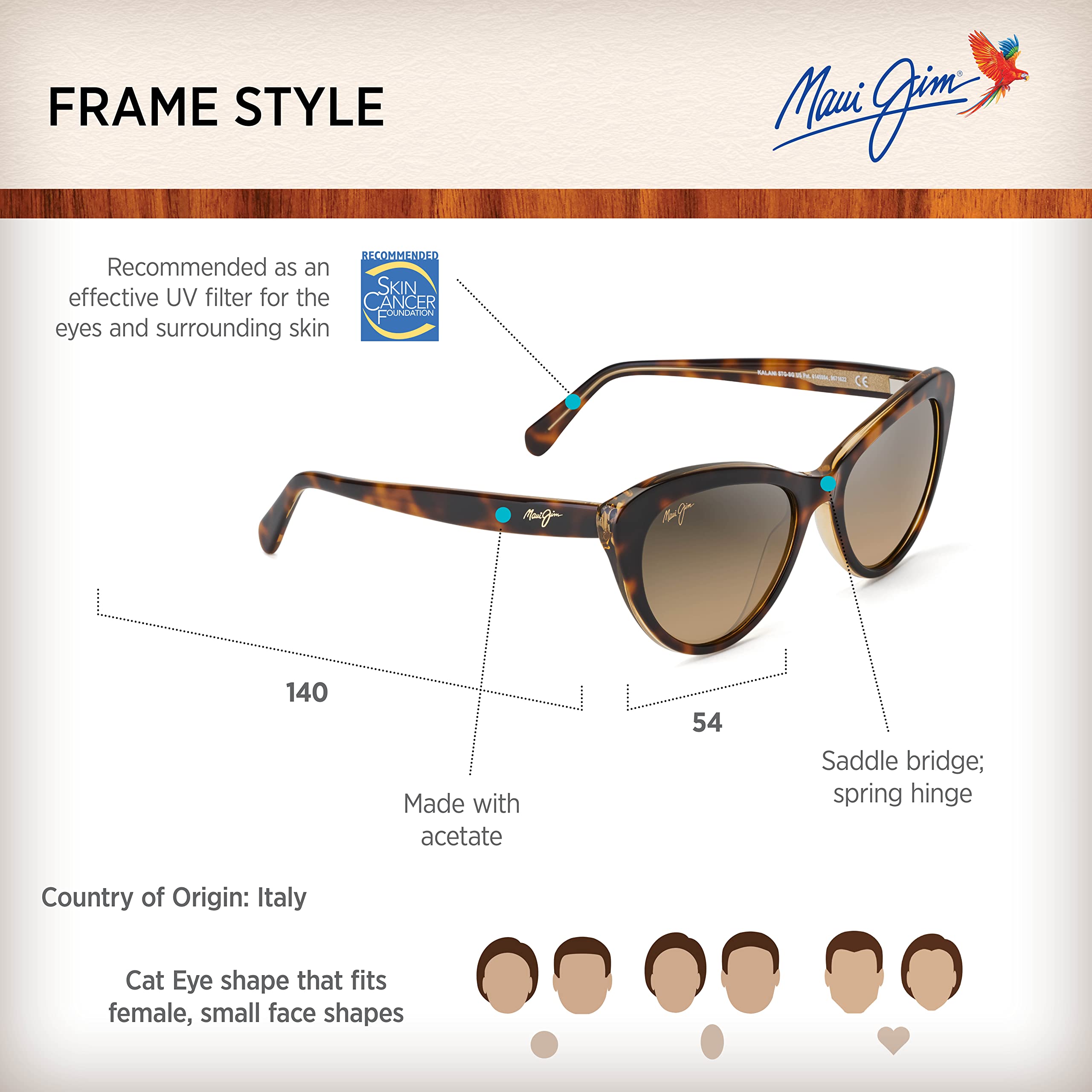 Maui Jim Women's Kalani Polarized Cat Eye Sunglasses, Dark Tort w/ Caramel Interior/HCL® Bronze, Small