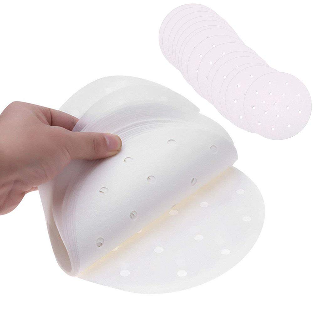 Selaurel 300pcs Air Fryer Liners 7.5 inch Round Bamboo Steamer Liners Premium Perforated Parchment Paper Sheets Non-stick Basket Mat for Air Fryers Steaming Baking Dumplings Cooking