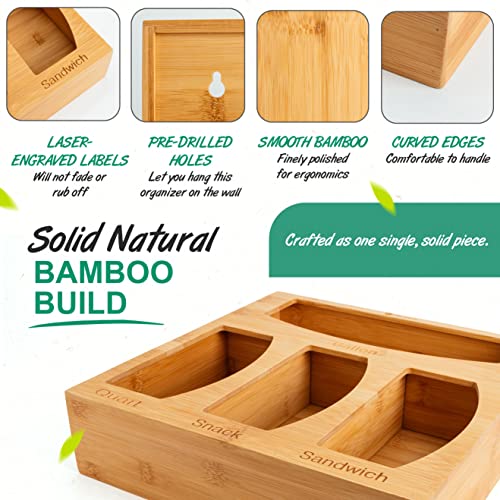 Ziplock Bag Storage Organizer - Plastic Food Storage Bag Dispenser for Kitchen Drawer or Wall Hanging - Fits VarietyBrand Gallon, Quart, Sandwich & Snack Bags - Bamboo Box Holder for Zip Lock Bags