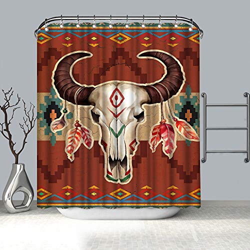 LoveHouse Boho Pattern Shower Curtain Watercolor Cow Skull with Feather Bohemian Western Ethnic Bull Bathroom Shower Curtains Set with Hooks 72"x72" Machine Washable