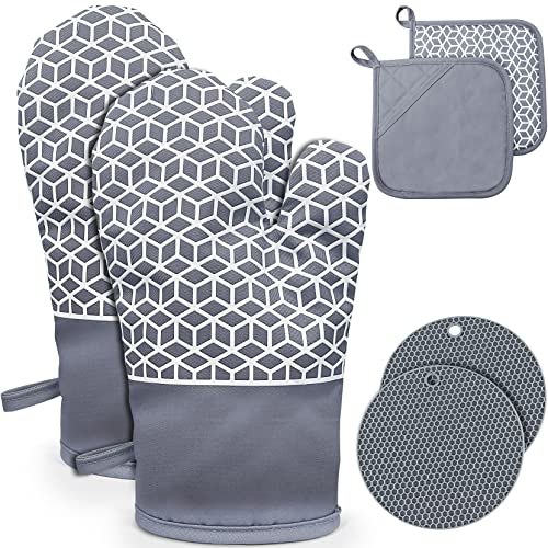 Oven Mitts and Pot Holders, Hmtruly Extra Long Oven Gloves, 500℉ Heat Resistant Oven Mitts with Non-Slip Silicone Pattern, Oven Hot Pads Pot Holders for BBQ Kitchen Baking Cooking (6-Piece Set, Grey)