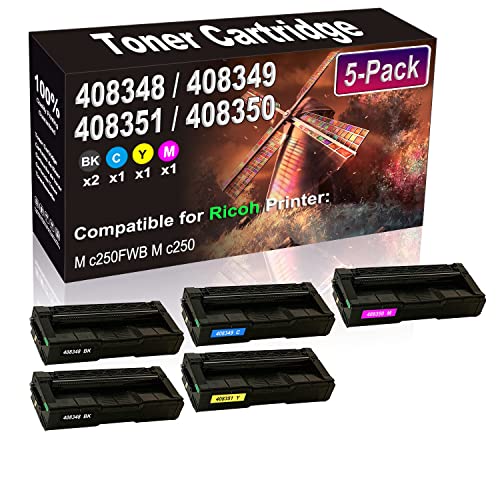 Kolasels 5-Pack (2BK+C+Y+M) Compatible M C250 408348 408349 408351 408350 Toner Cartridge (High Yield) to Used for Ricoh M c250FWB M c250 Printer