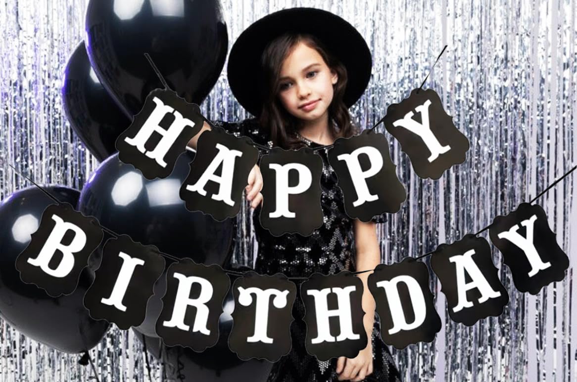 Large Black Happy Birthday Banner, Happy Birthday Bunting Sign with White Letters, Happy Birthday Decorations for Boys Women Men