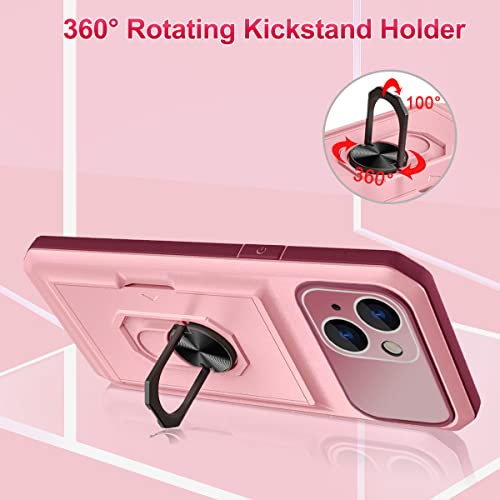 WATEFULL for iPhone 14 Case Wallet Card Holder with Kickstand Ring, iPhone 14 Case Cover 6.1” with Sliding Card Slot Hybrid Shockproof Bumper [Integrated Camera Cover] with 1 Screen Protector (Pink)