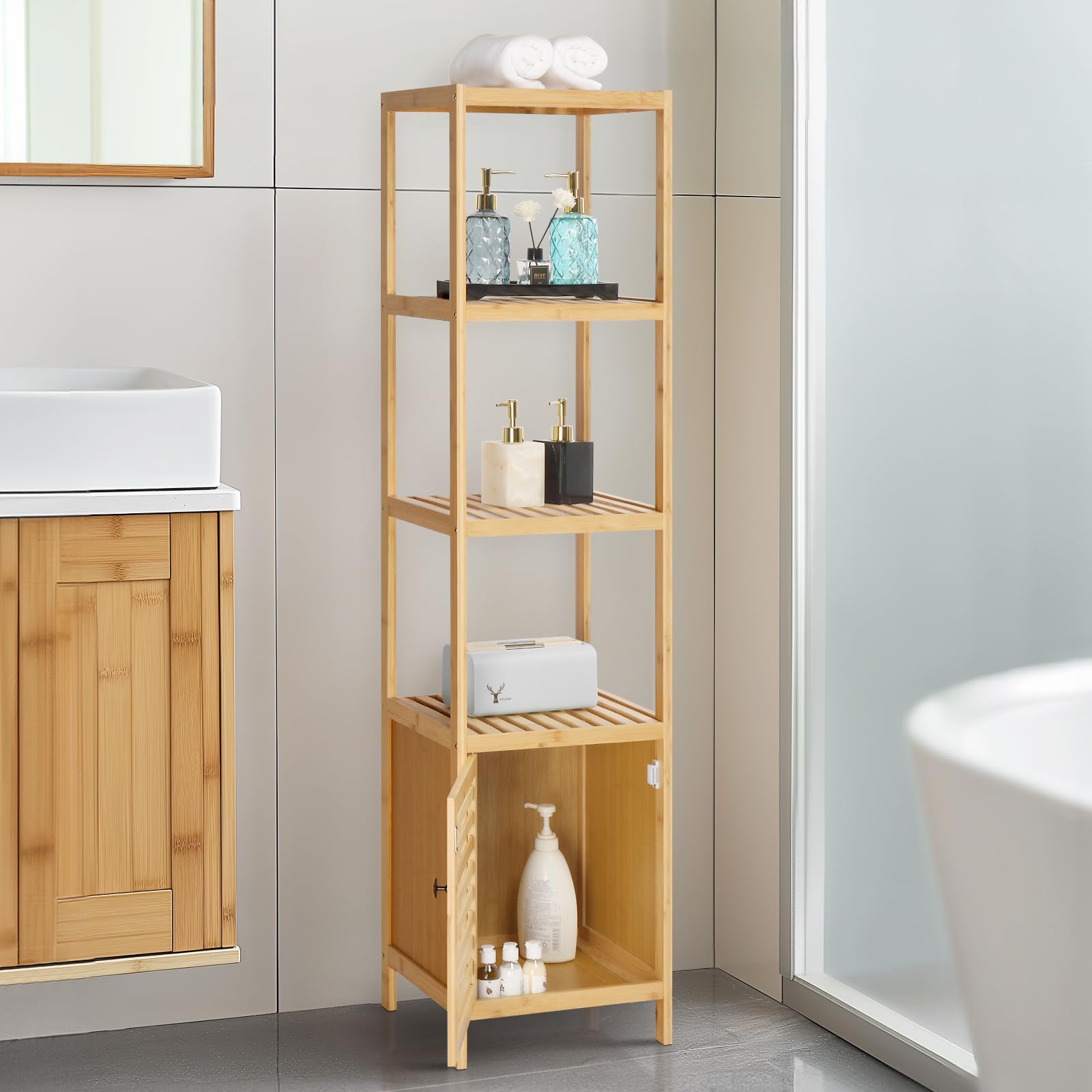 Vasitelan Bamboo Bathroom Storage Floor Cabinet, 4 Tiers Multifunctional Floor Shelving Unit, Free Standing Tower Corner Rack