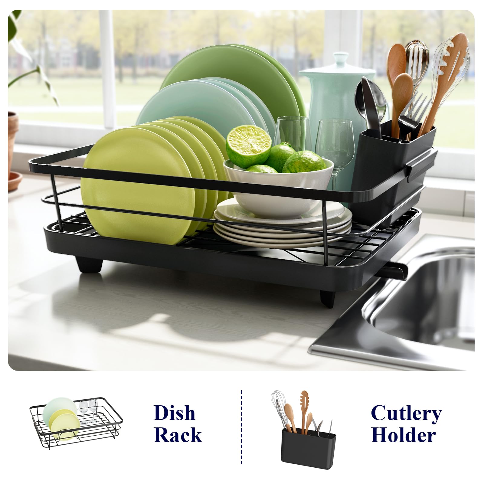 Kitsure Dish Drying Rack - Small Dish Racks for Kitchen Counter, Dish Rack with Adjustable Water Outlet, Stainless Steel Dish Drainers for Kitchen Counter, Drying Rack for Kitchen, Black