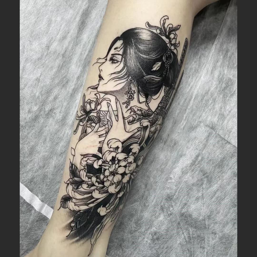Oottati 6 Sheets Arm Fake Waterproof Temporary Tattoos Stickers Black Japanese Geisha Samurai Women Flower Lotus
