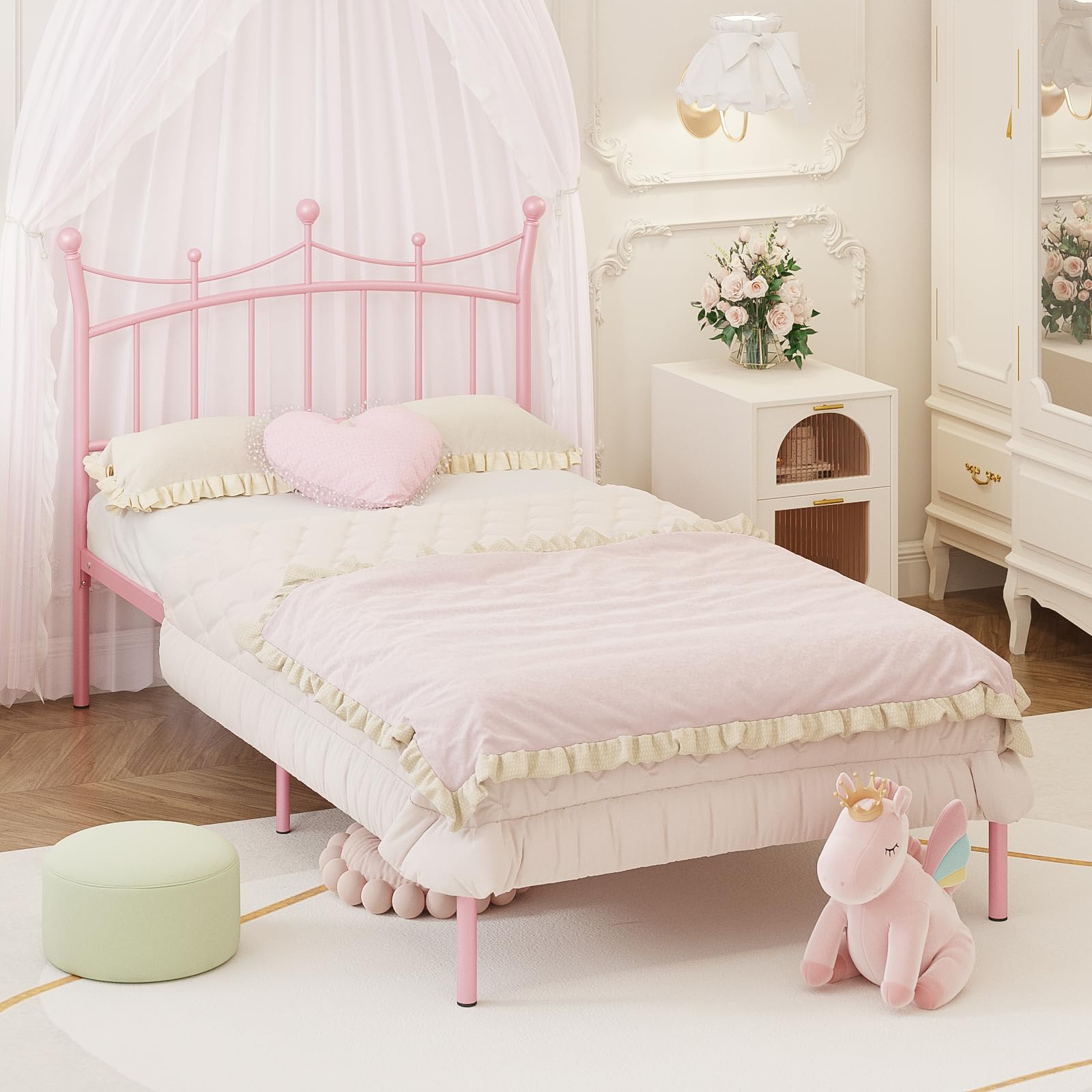 Weehom Twin Bed Frames with Headboard, Elegant Princess Bed for Girls Heavy Duty Metal Platform Bed Easy Assembly Under Bed Storage Space Twin Bed for Kids Adults, Pink