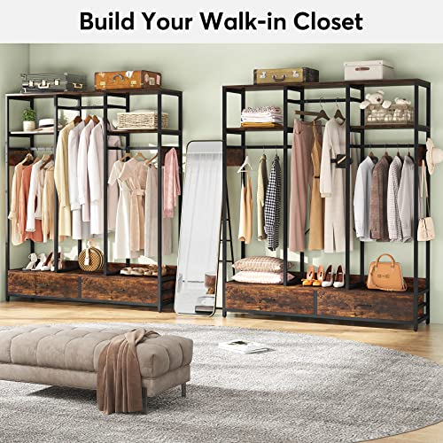 LITTLE TREE Clothes Rack with 2 Drawer and Shelves, Heavy Duty Wardrobe Closet Rack with 6 Hanging Hooks, Freestanding Closet System