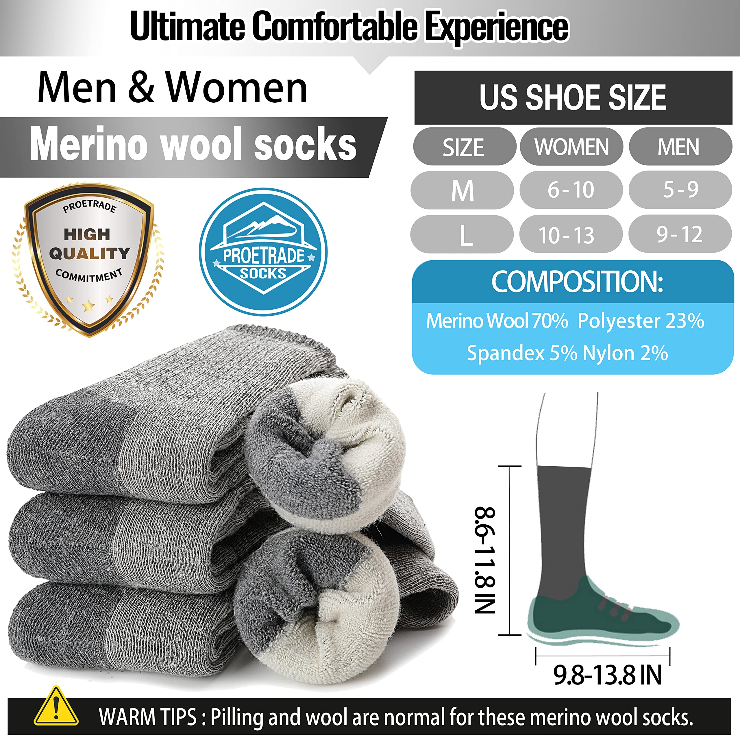 ProEtrade Merino Wool Hiking Socks for Mens Thermal Warm Winter Crew Thick Cushion Boot Work Stockling Stuffers Gift Socks 4 Pairs(Grey,M)