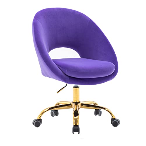 ZOBIDO Comfy Home Office Task Chair with Wheels, Cute Modern Upholstered Velvet Seashell Back Adjustable Swivel Vanity Desk Chair, for Women, for Kids, for Girls, Living Room, Bedroom (Purple)