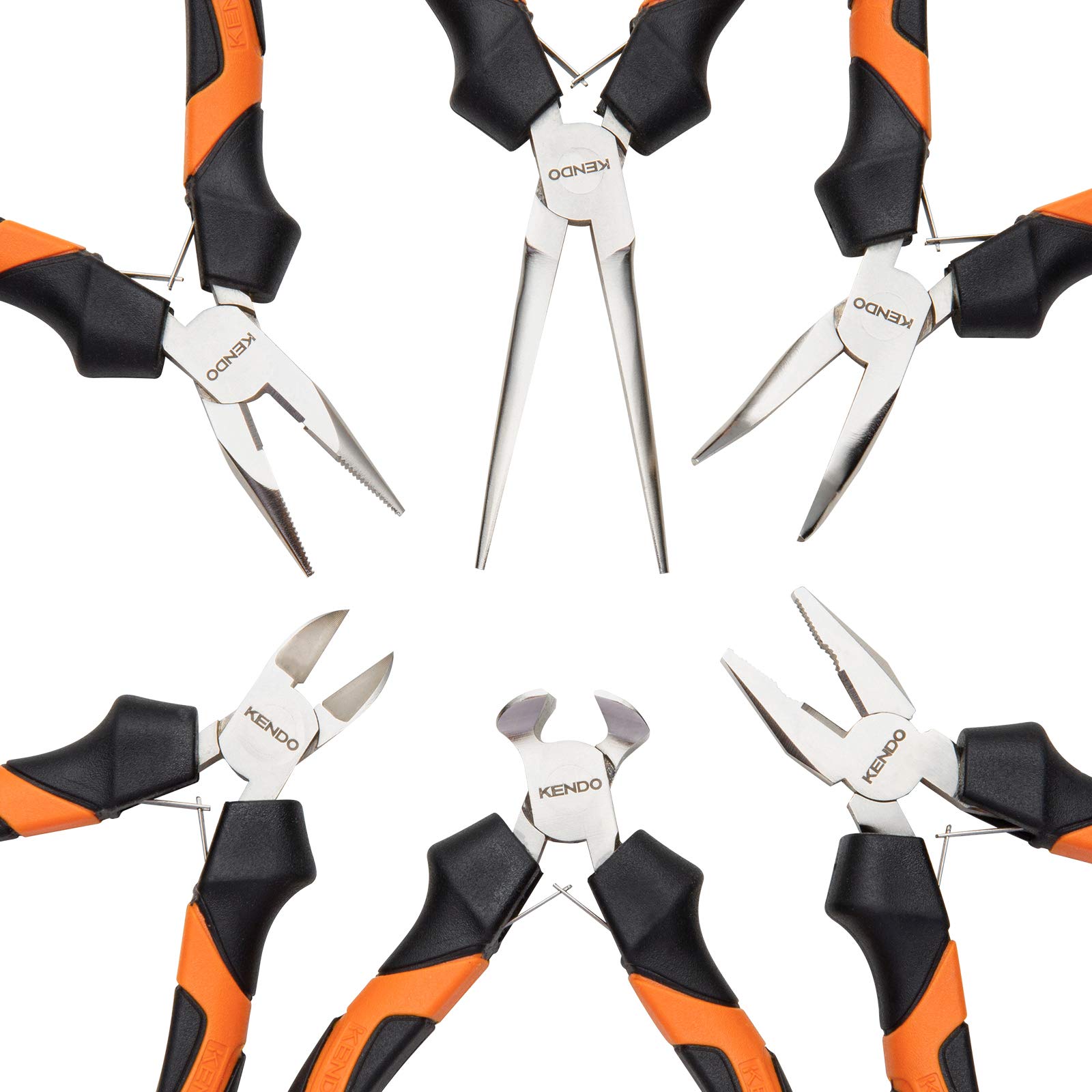 KENDO 6-Pieces Mini Pliers Set, Long Nose, Bent Nose, Diagonal, End Cut, Linesman, Needle Nose Pliers, Spring Loaded Handle, 4.5 Inch, Mechanic, Craftsman Basic Tool Kit, Roll Up Carry Bag Included