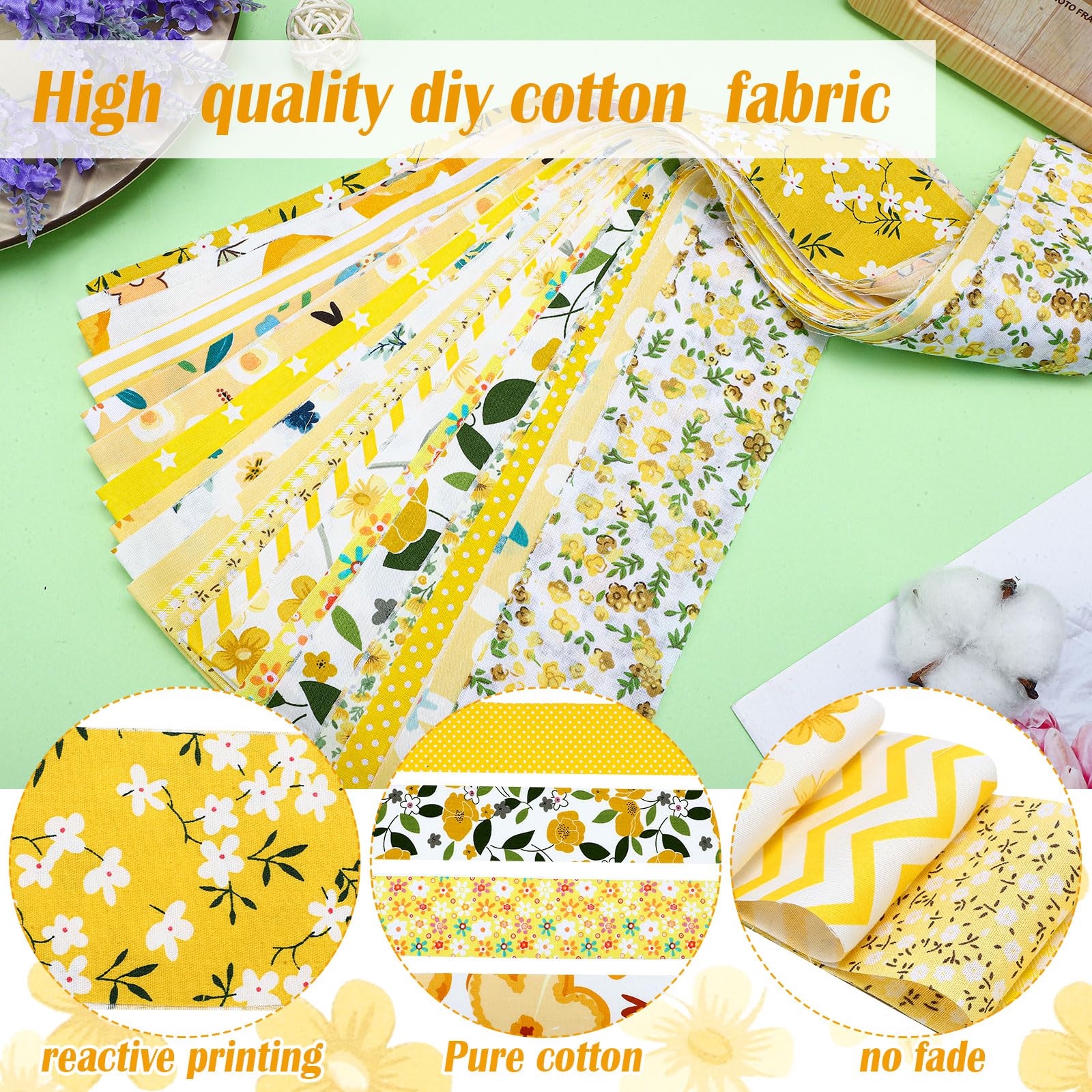 Kingdder 70 Pcs Floral Cotton Fabric Patchwork Roll 2.55 x 39.4 Inch Cotton Quilting Fabric Roll up Cotton Fabric Quilting Strips Precut Patchwork Roll for Craft Sewing DIY Crafts (Yellow Flower)