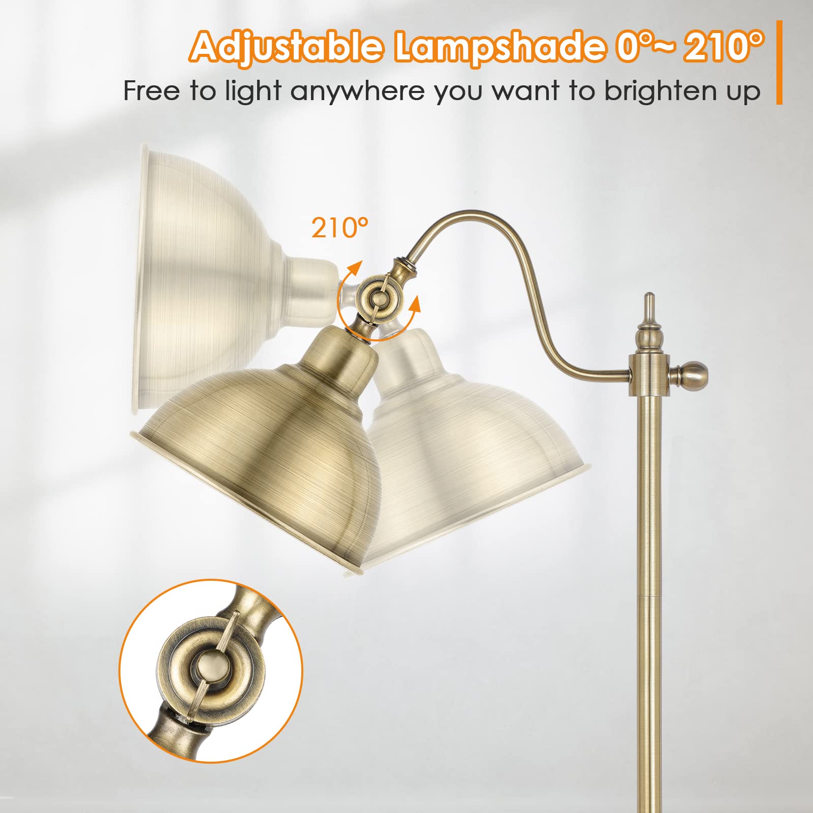 Mlambert Industrial Floor Lamp,63” LED Floor Lamp with LED Bulb,Adjustable Metal Head,Foot Switch,Tall Lamp for Livingroom,Bedroom,Corner Lamp- Brass