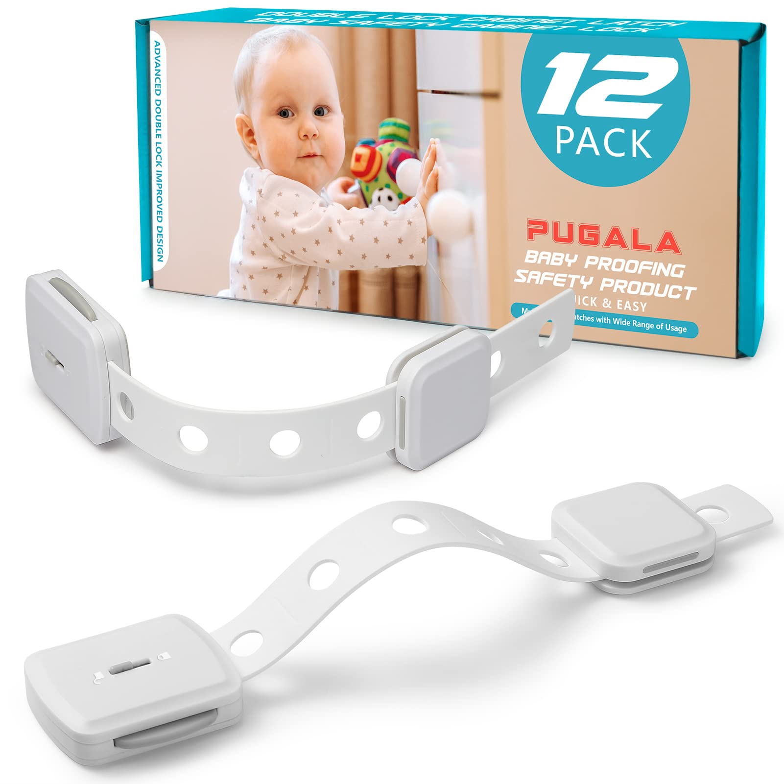 Pugala Safer Version Child Safety Strap Lock, Double Lock Option Fridge Lock for Baby, Self Adhesive Child Proof Cabinet Latch, No Drilling Child Proof Product for Cabinet Lock(White - 12PCS)