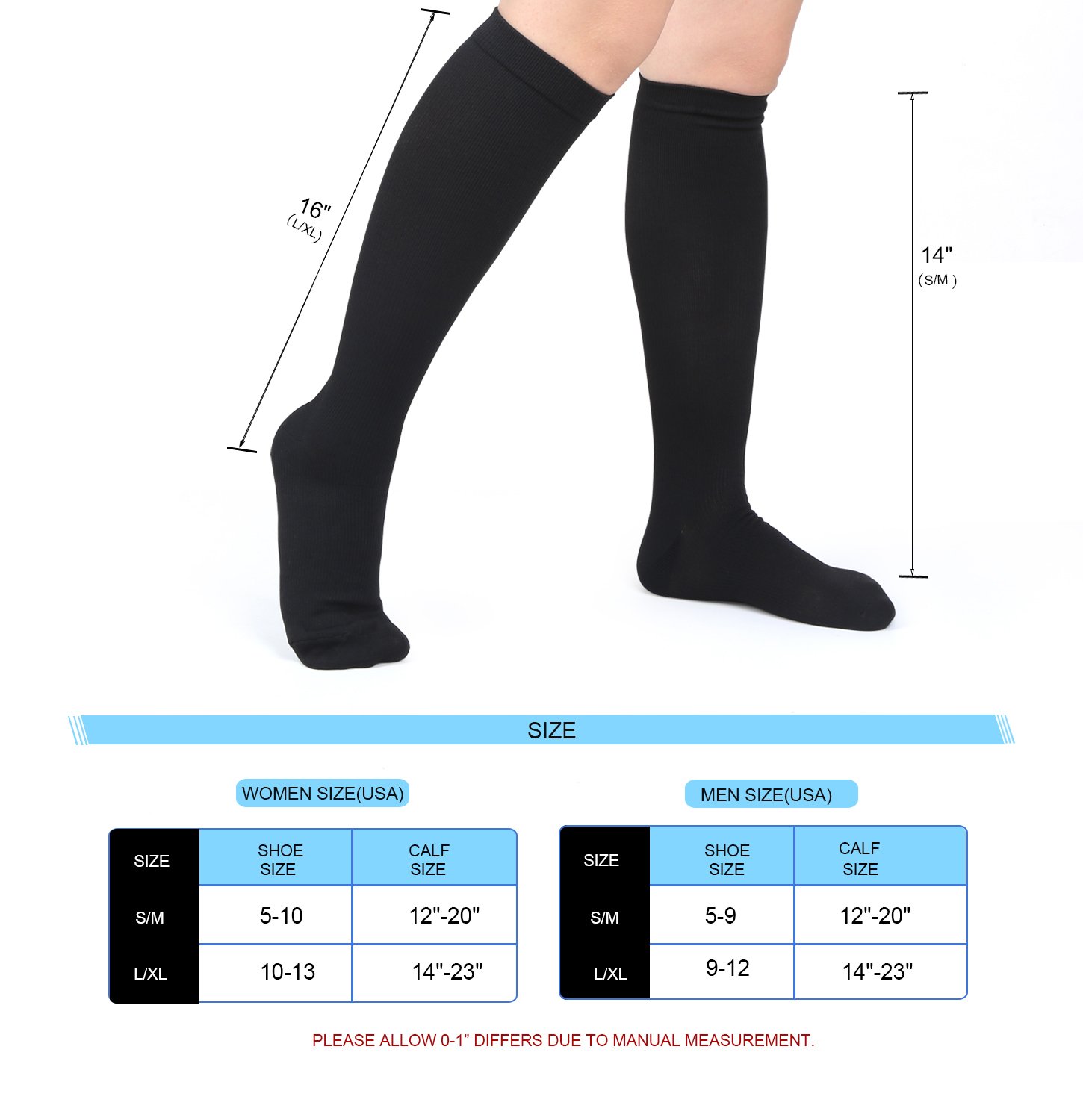 L-Lweik Compression Socks Women Men Knee High Socks Circulation Support Socks for Nurses Maternity Pregnancy Sports 8-15 mmhg