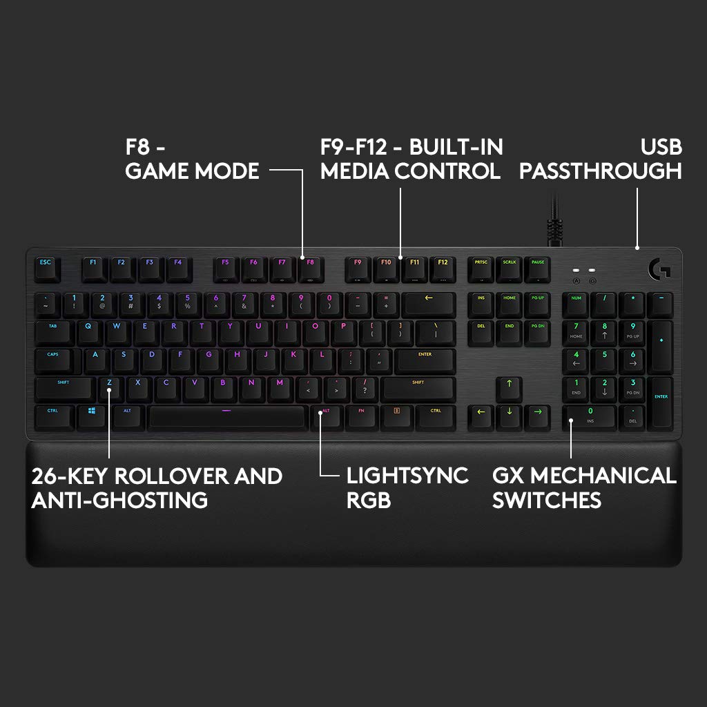 Logitech G513 Carbon LIGHTSYNC RGB Mechanical Gaming Keyboard with GX Brown Switches, Memory Foam, USB Pass-Through Port, Aircraft-Grade 5052 Aluminum Top Case - Tactile (Renewed)