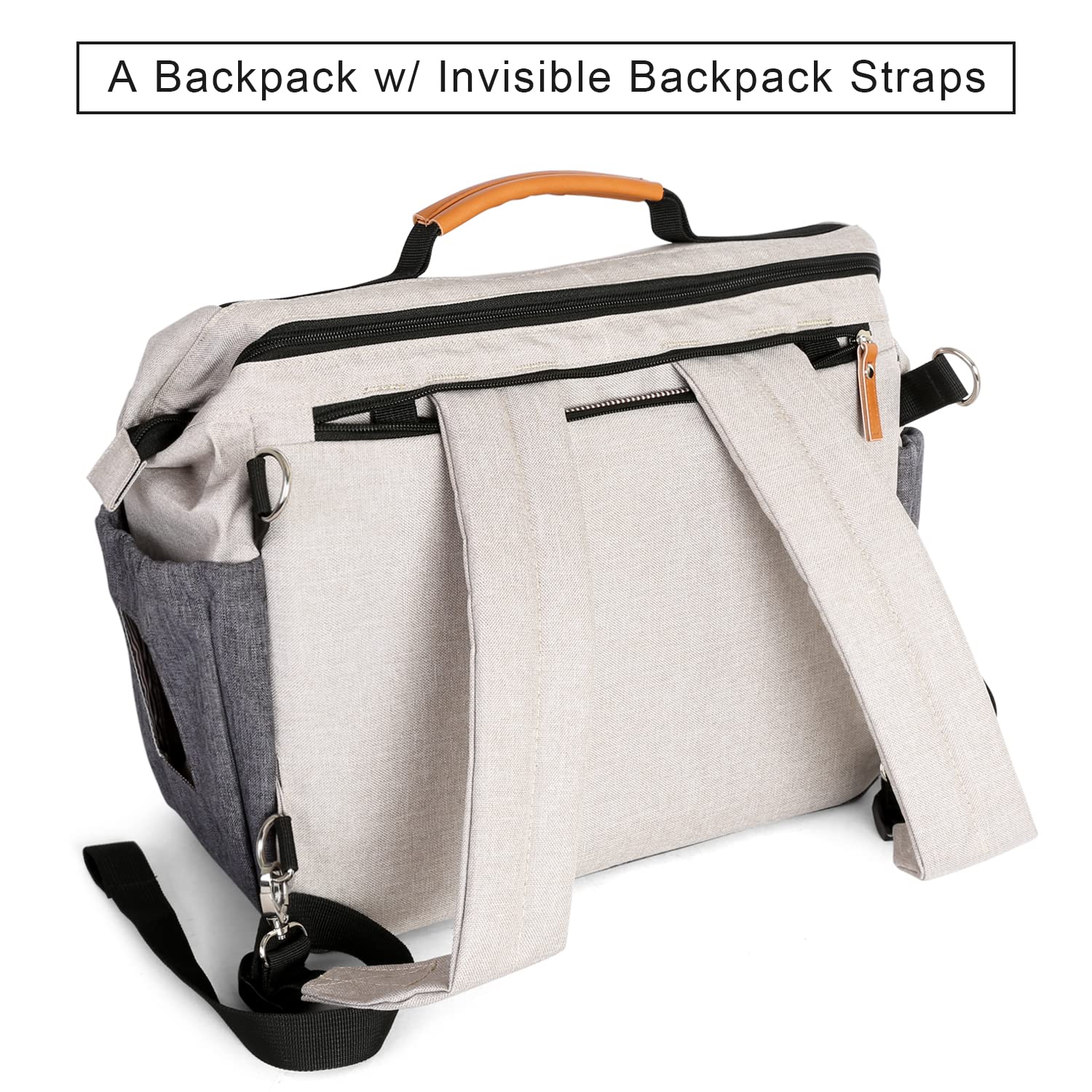 Large Diaper Bag w/Changing Pad, Messenger & Backpack Diaper Bag, Laptop Convertible Wide Open Mommy Bag, Waterproof w/Stroller Belts (Beige/Grey)