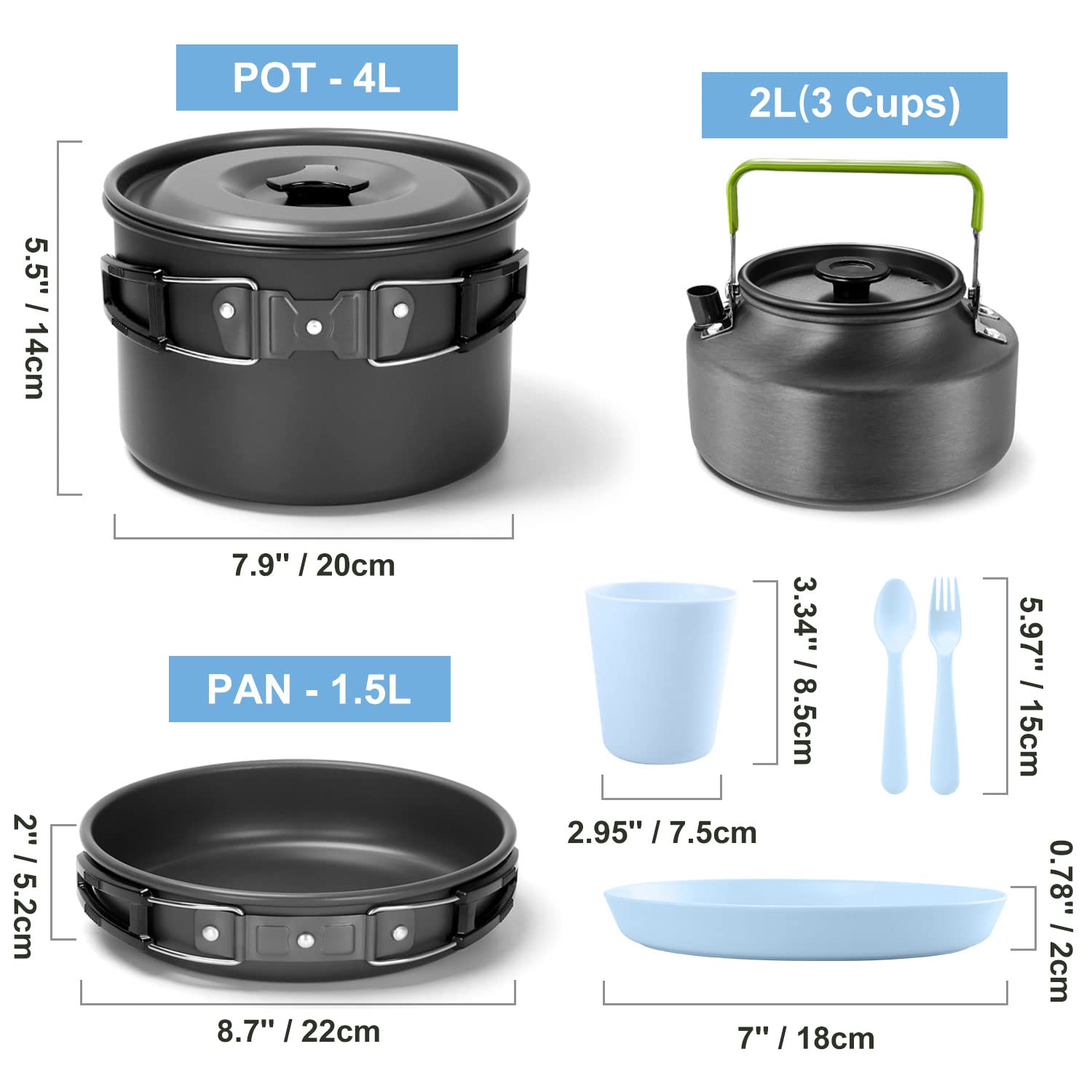 Odoland 24pcs Camping Cookware Kit, Non-Stick Lightweight Pot, Pan, Kettle Set with Plastic Cups, Portable Cookware Accessories for Outdoor Cooking, Hiking, Backpacking and Picnic