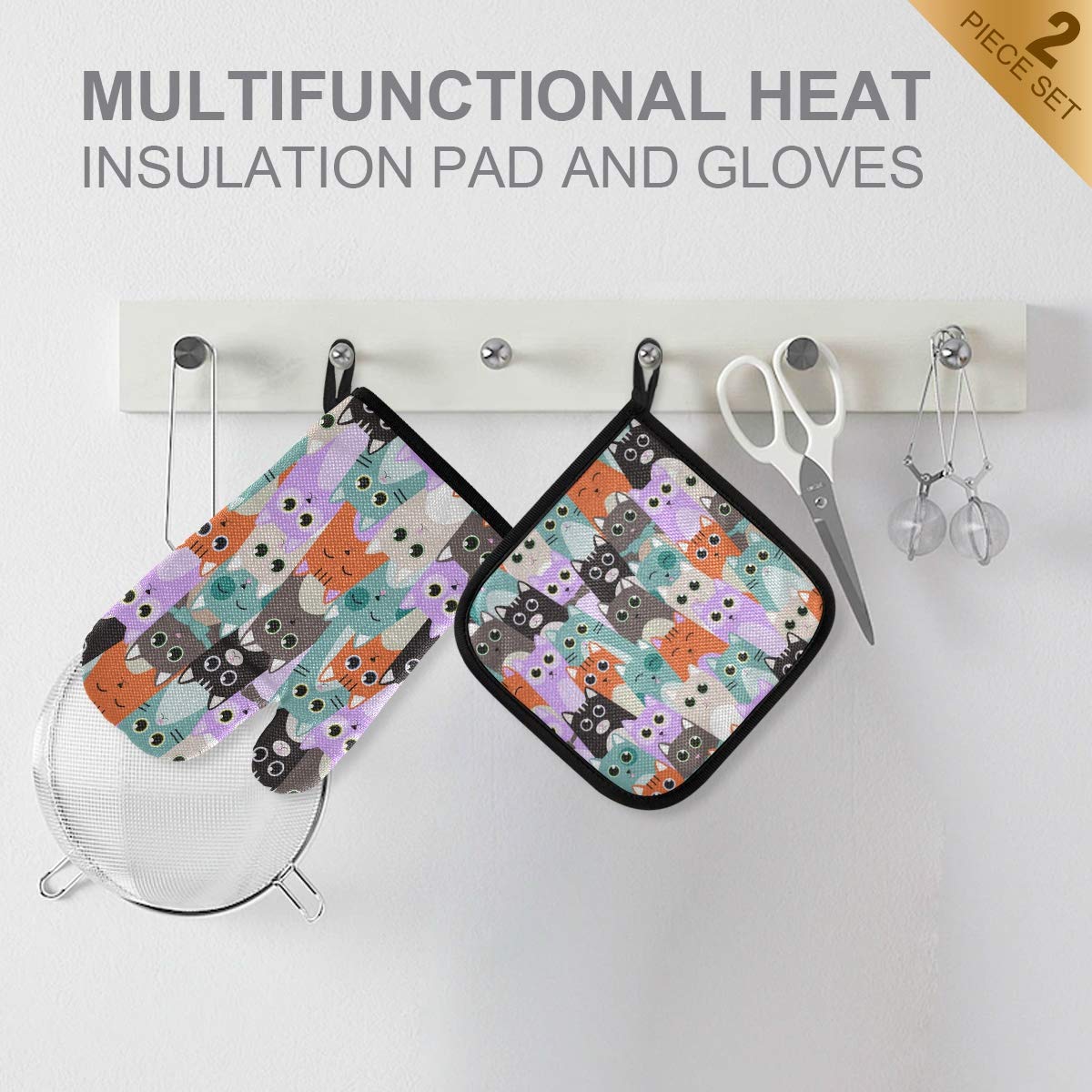 Oven Mitts Pot Holders Sets - Cute Cats for Kids Oven Gloves Hot Pads Non-Slip Potholders for Kitchen Cooking Baking BBQ