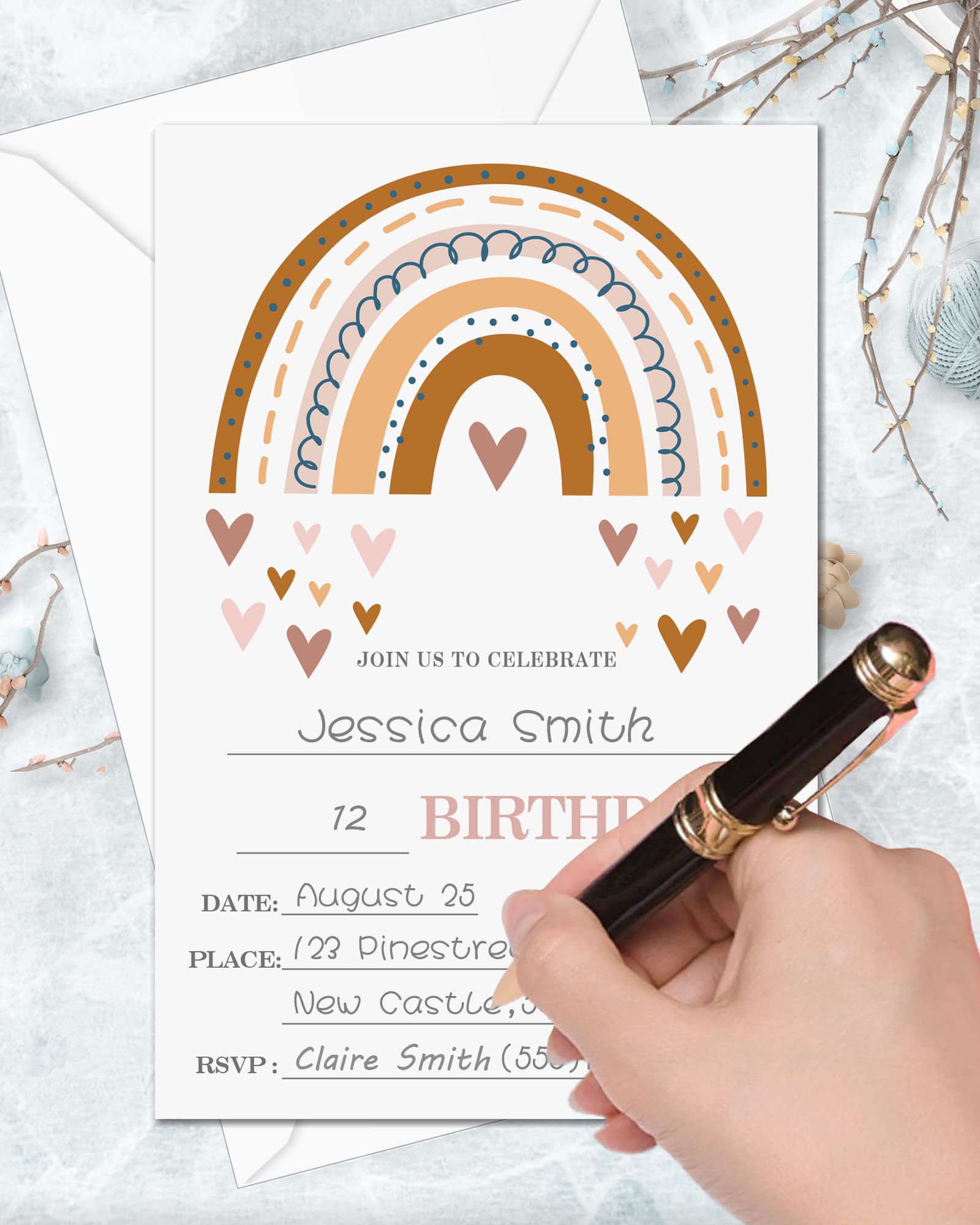 JJOINUS Birthday Party Invitations for Girls Kids, Boho Brown Rainbow Invites With Envelopes, 20 Pieces of Fill-in Blank Invitation Card Kit