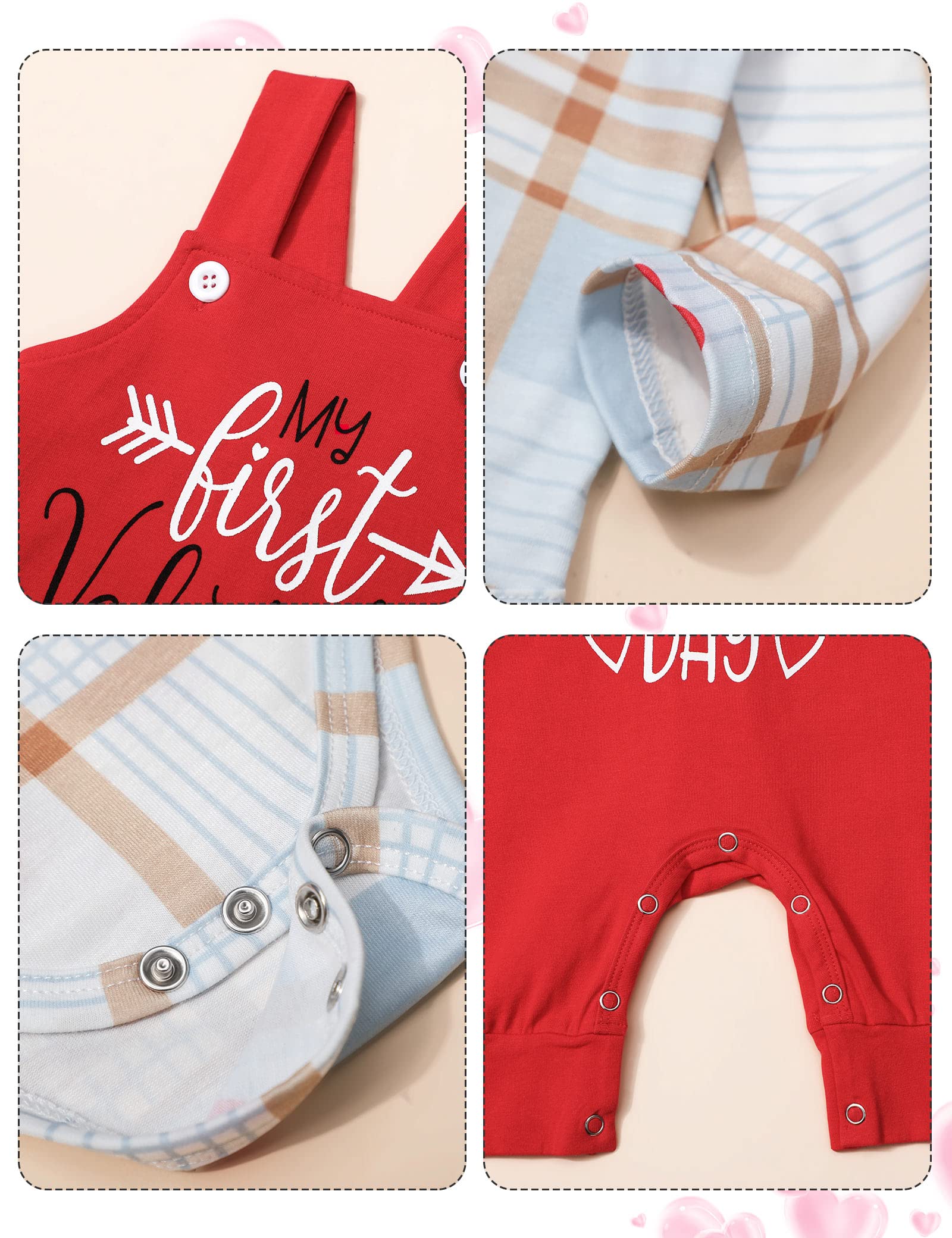 Tomolant toddler boy valentines day outfit love pattern plaid long sleeve romper +red jumpsuit +hat 3PCS valentines boy outfit