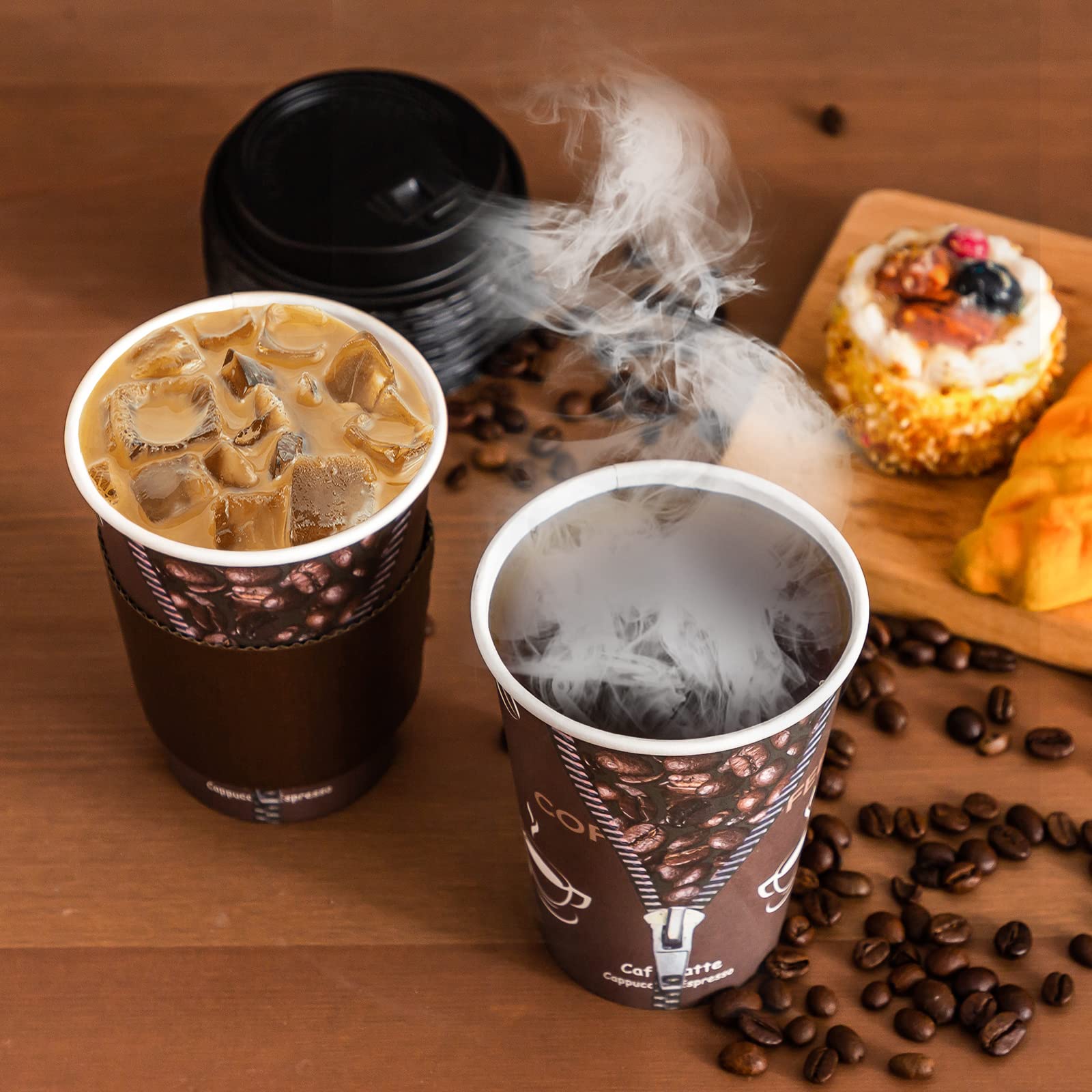 Lamosi 12 oz Coffee Cups with Lids,Sleeves -100 Pack Disposable Coffee Cups To Go Insulation Coffee Cups for Shops, Cafes, and Hot/Cold Drink(Dark Brown)