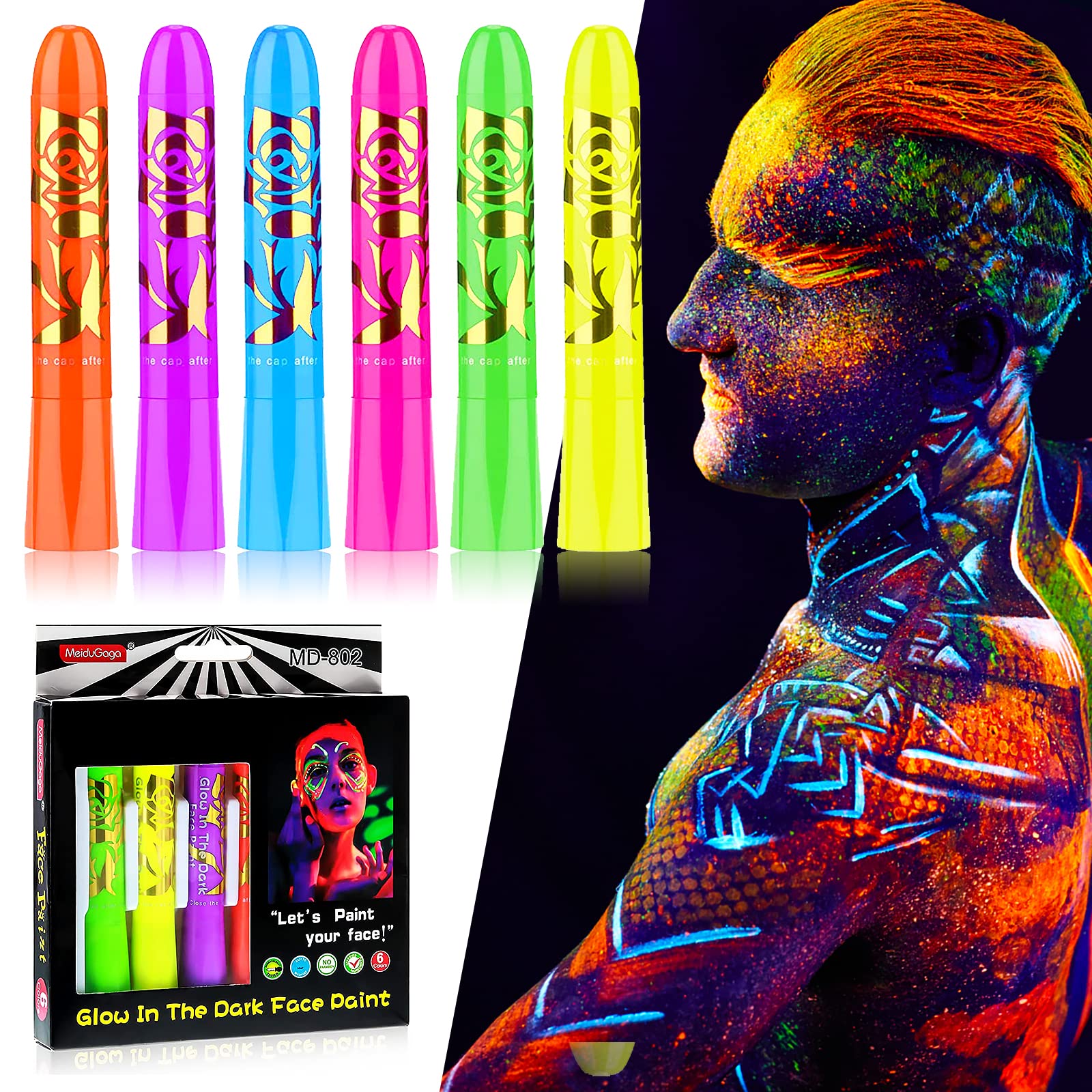 Luminous Face Paint Crayons,Washable,Halloween Making Up,Non Toxic Fluorescent Body Markers