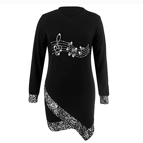 Pinkpaopao Irregular Hem Loose Dress for Women Patchwork Long Sleeve Mini Dress Rhinestone Pattern O Neck Shift Dress