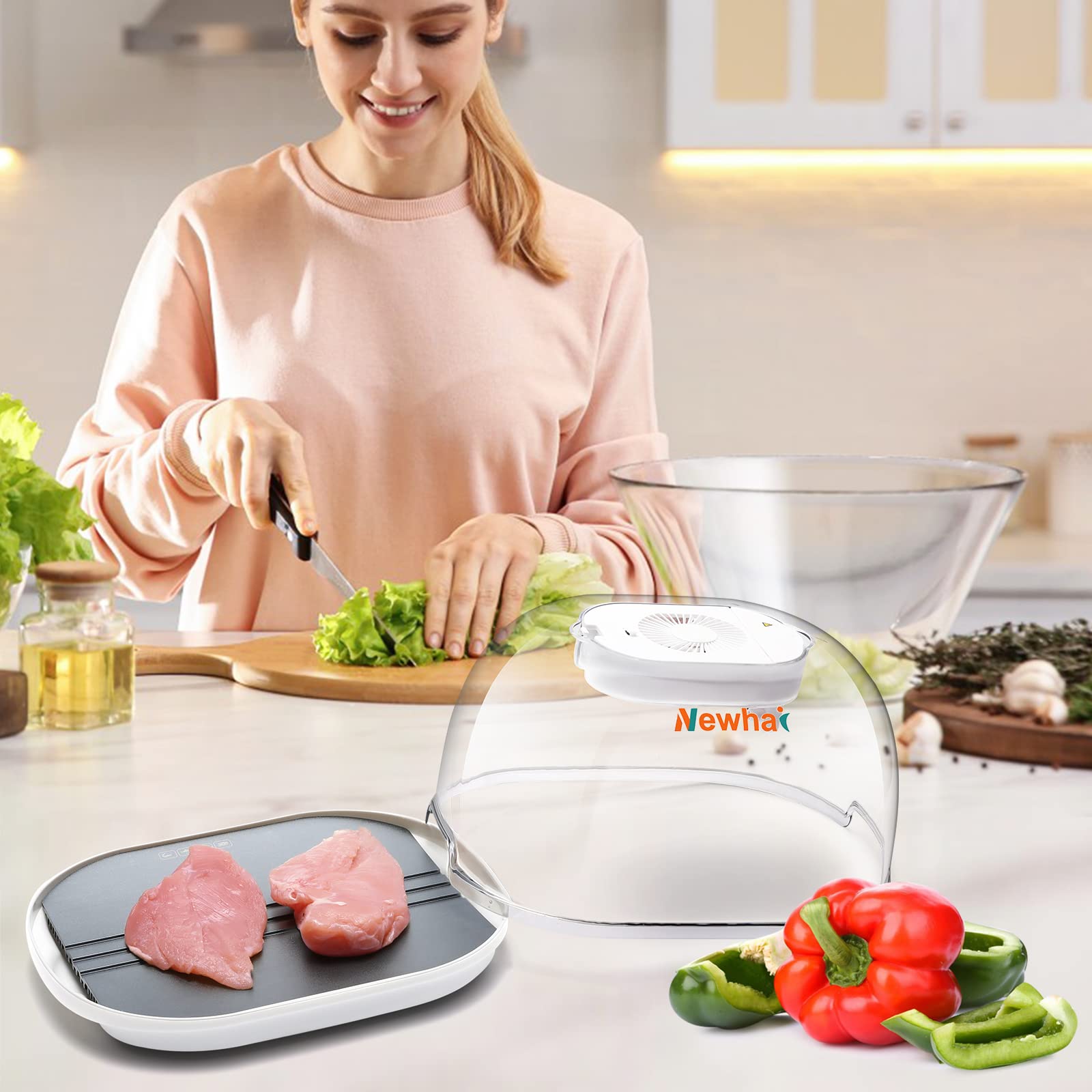 Newhai Defrost Tray for Frozen Meat, Upgraded Defrosting Board 360°Defroster with Atomizer for Beef Chicken Sea Food Kitchen Use