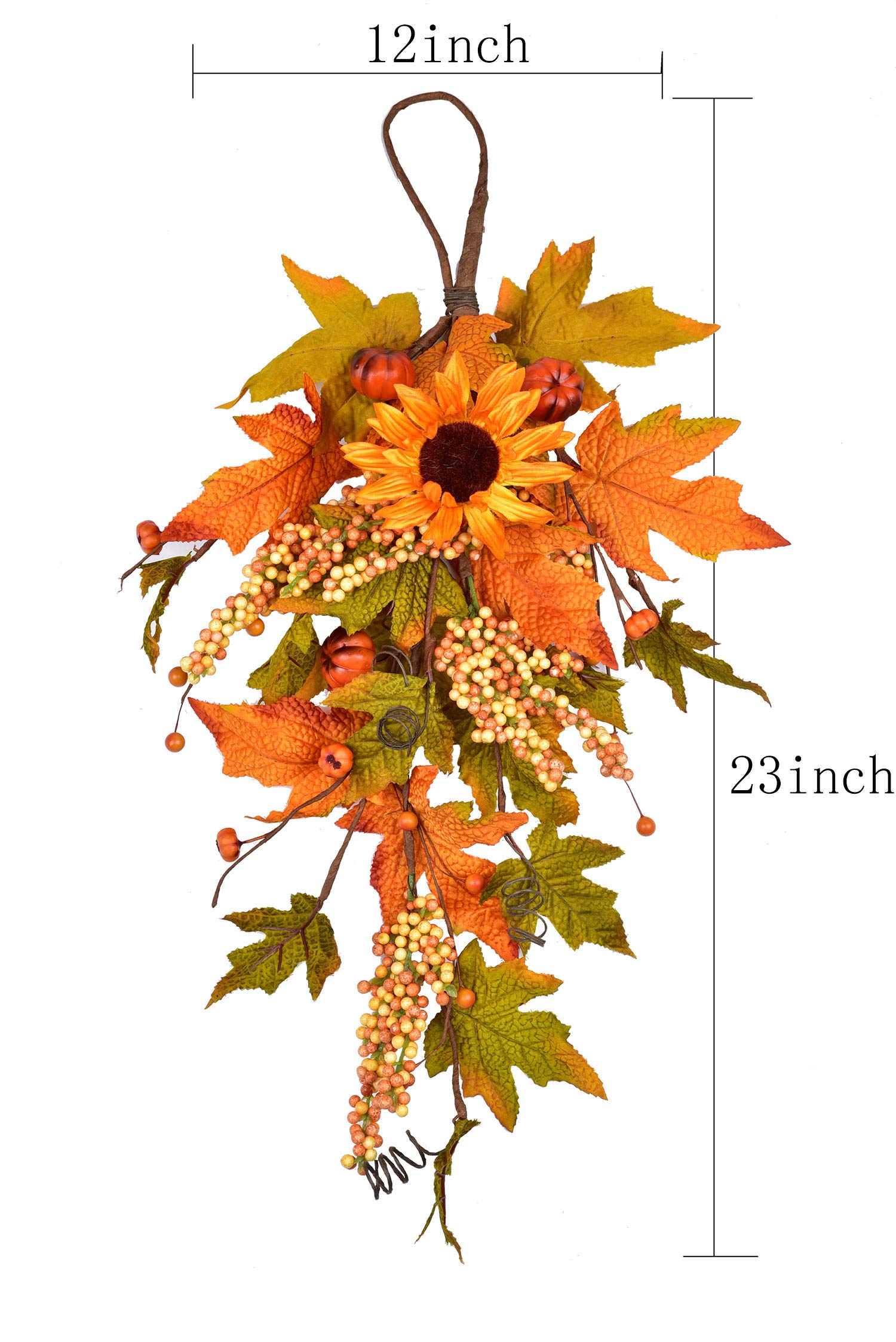 LSKYTOP 19" Artificial Sunflowers Pumpkins Maple Leaves Berries Fall Harvest Swag Autumn Swag for Thanksgiving Christmas Halloween Wall Fall Decor