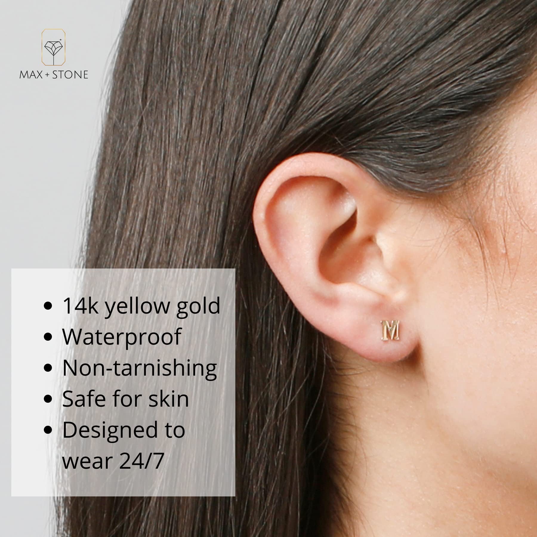 MAX + STONE 14k 5mm Yellow Gold Small Script Initial Letter Stud Earrings for Women | A Initial