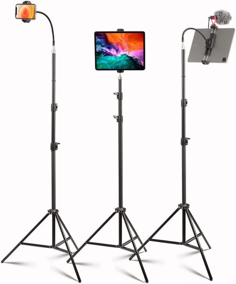 Tablet Tripod Stand, 91.4” iPad Floor Stand with Gooseneck, Lusweimi Phone Tripod with iPad Mount for iPhone and iPad Pro 12.9"/11"/Webcam, with Phone Holder/Wireless Remote
