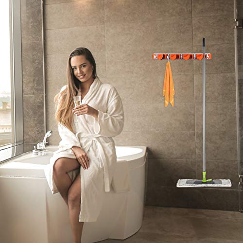 UPBEER Mop Broom Holder Hooks Hanger Wall Mounted Organizer for Home Laundry Bathroom Kitchen Garage Garden Utility Tools Rack Storage Metal Shelf Orange