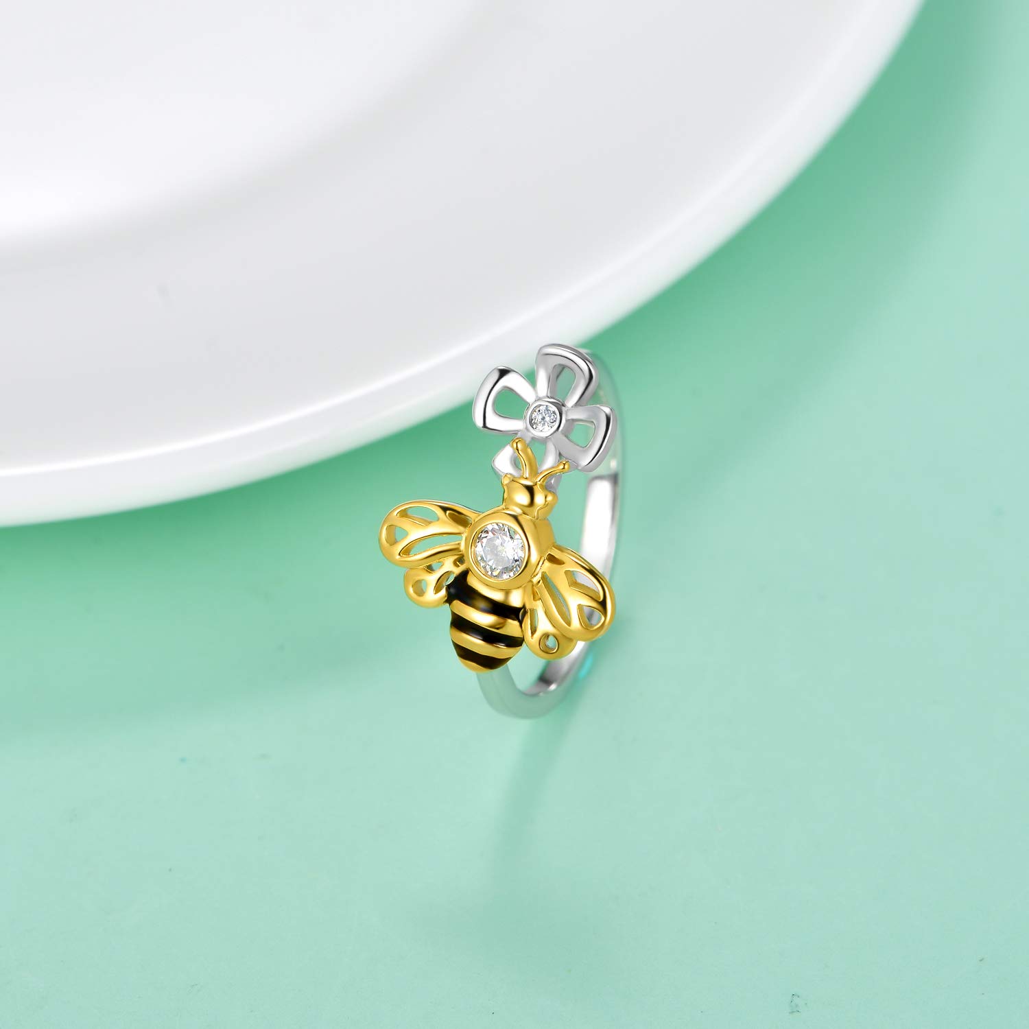 LONAGO Bee Ring with Flower 5A Cubic Zirconia Yellow Gold 925 Sterling Silver Bee Stacking Ring for Women (Size 7)