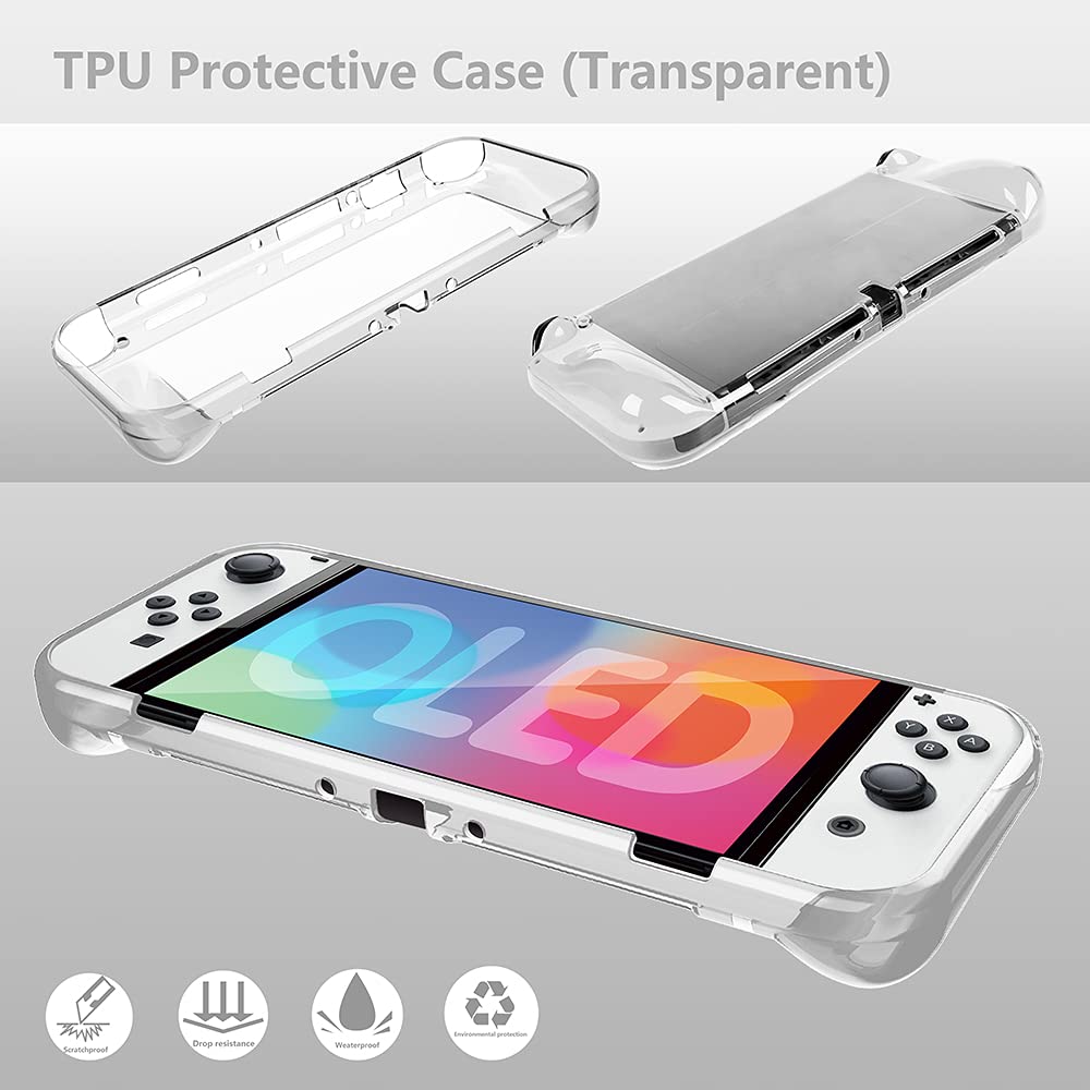 omarando Protective Case for Nintendo Switch (OLED model), Soft TPU Case,with Tempered Screen Protector,Adjustable Console Stand and Thumb Grip (Translucent Clear)