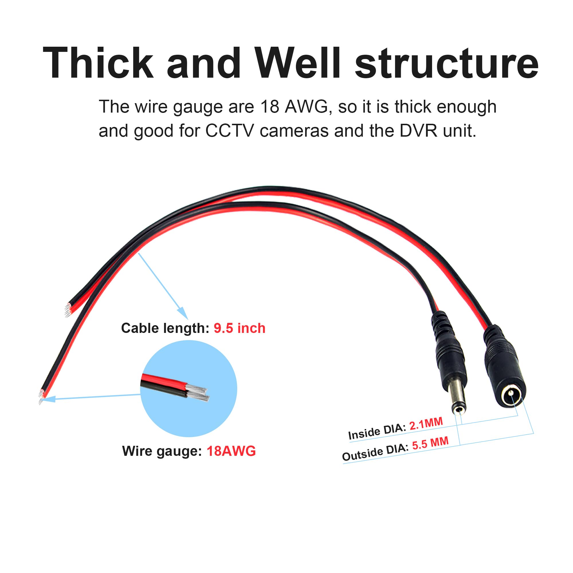 UltraPoE DC Power Cable Connectors 18AWG Copper Strands 12V 5A Plugs Male Female DC Connectors, for CCTV Security Camera Pigtail and Lighting Power Adapter (2.1mm x 5.5mm 10 Pairs Ultra Thick)