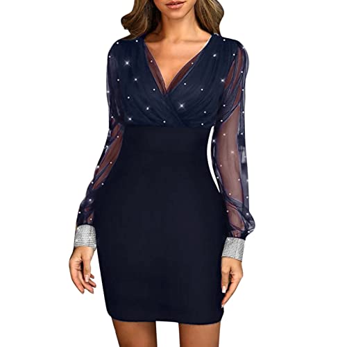 Pinkpaopao Sequins Mesh Long Sleeve Party Dress Women's Wrap V Neck Solid Color Loose High Waist Dress
