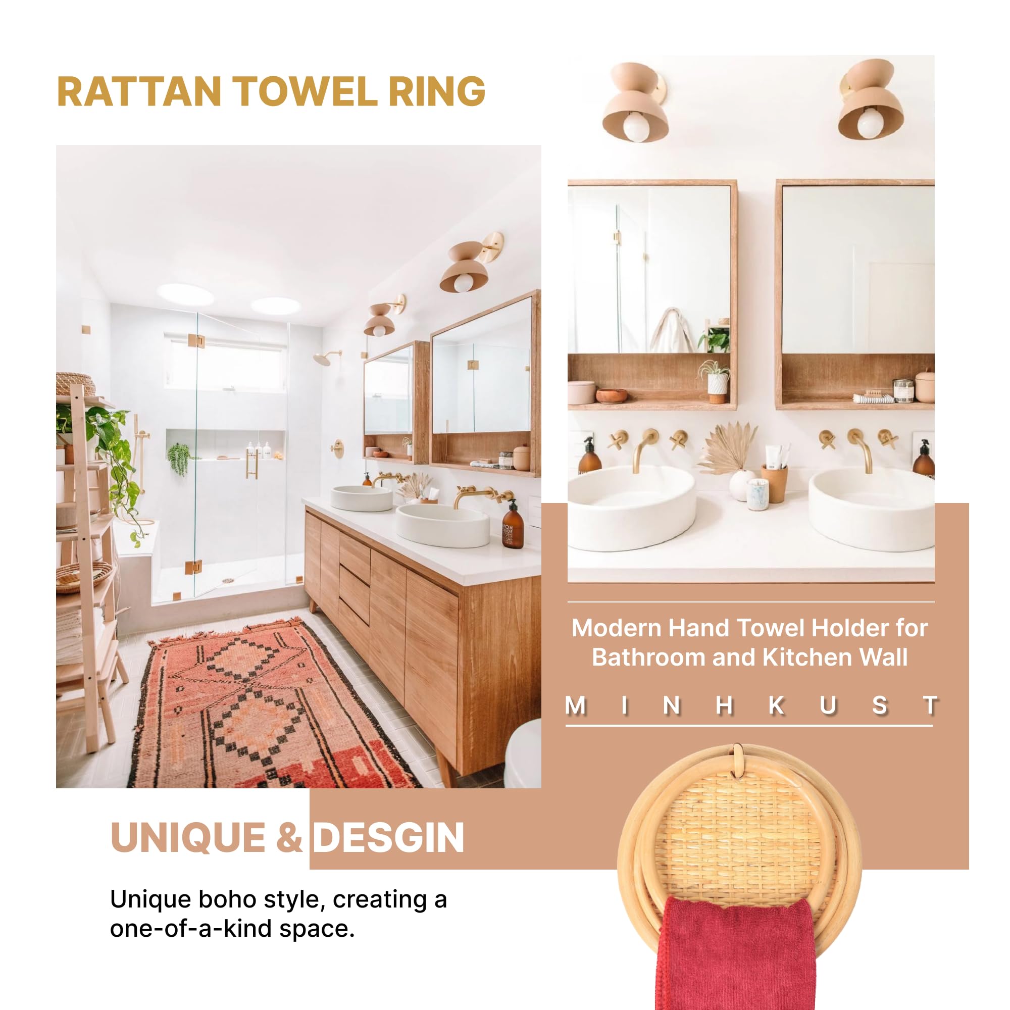 KUTORKILL Rattan Hand Towel Holder for Bathroom and Kitchen Wall - Modern Round Hand Towel Hanger Decorative - Boho Adhesive Hand Towel Ring for Bathroom Decor