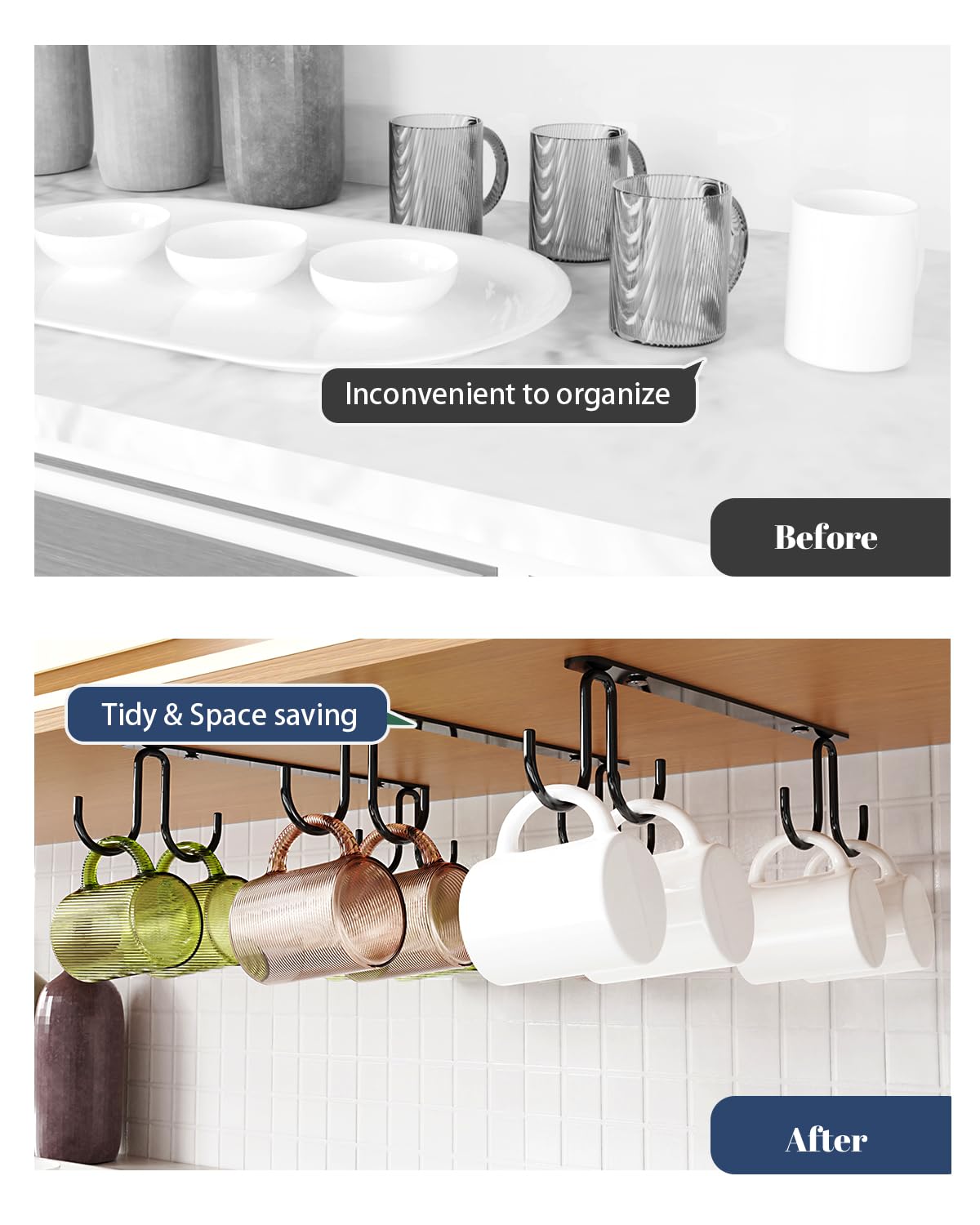 Luckinow Mug Hooks Under Cabinet 3 Pack, Coffee Cup Hooks for Hanging Under Shelf, Mug Organizer Rack with 12 Hooks for Displaying Mugs, Coffee Cups and Kitchen Utensils, Black