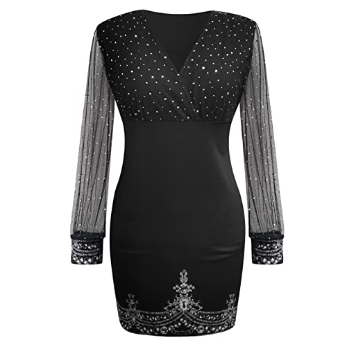 Pinkpaopao Sequins Ruched Long Sleeve Dress for Womnen Mesh Long Sleeve High Waisted Wrap Dess Patterned Mini Dress