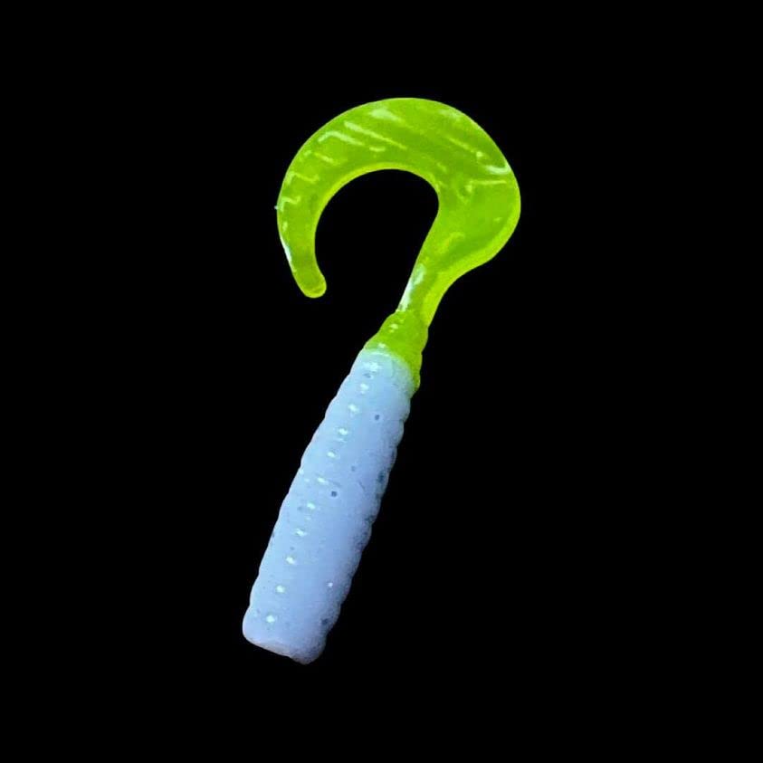 Pure Crappie Pig Tail - White/Chartreuse 2β - 20 Pack β Curly Tail Grub Lure Perfect Soft Plastic Artificial Bait for Crappie, Walleye, Smallmouth Bass and Many Species of Fish