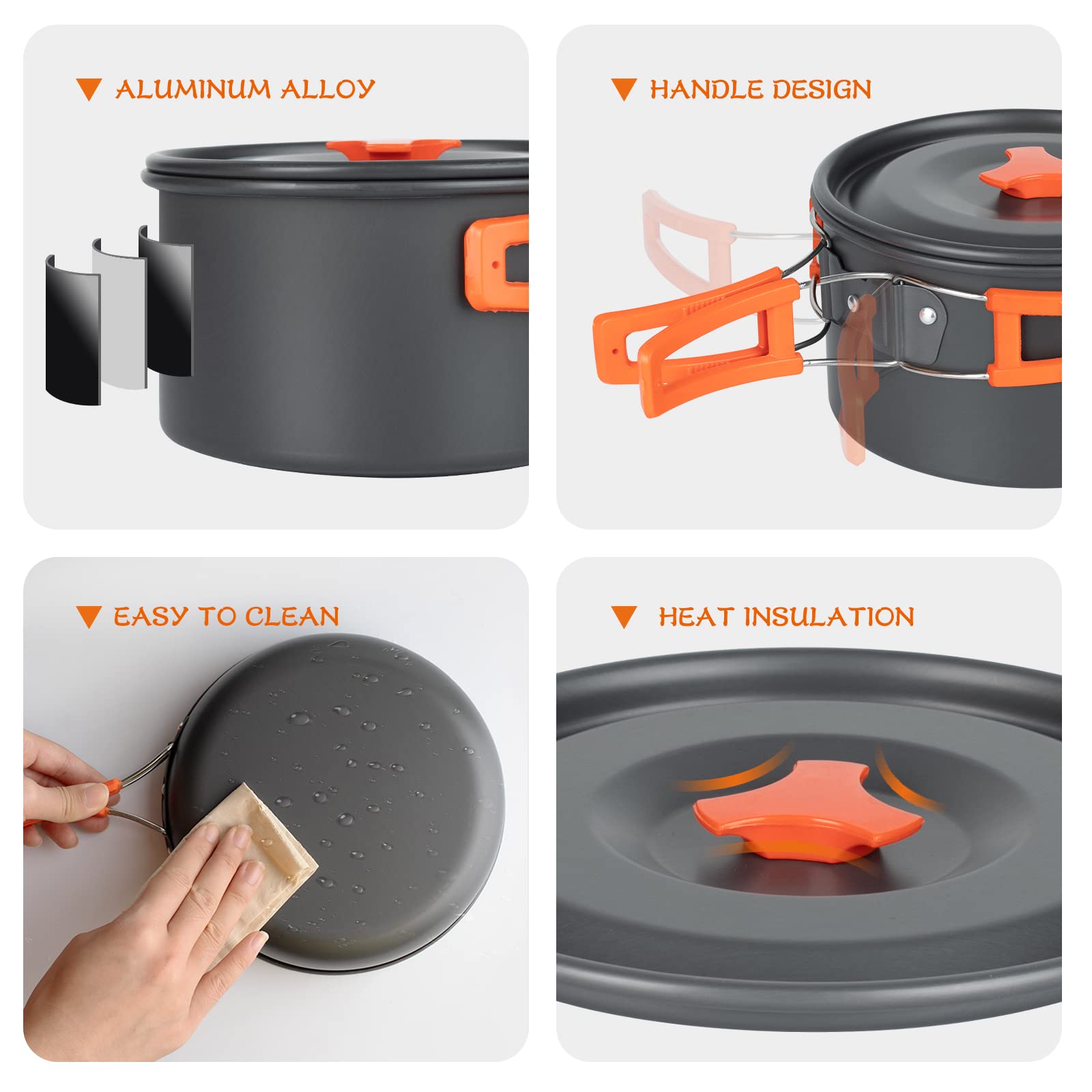 Overmont 14pc 16pc Camping Cookware Mess Kit, Portable Camping Cooking Set for Backpacking, Outdoor Hiking and Picnic Pot Pan Folding Spork Knife Spoon Kit (3.4, Large(for 3-5 PPL))