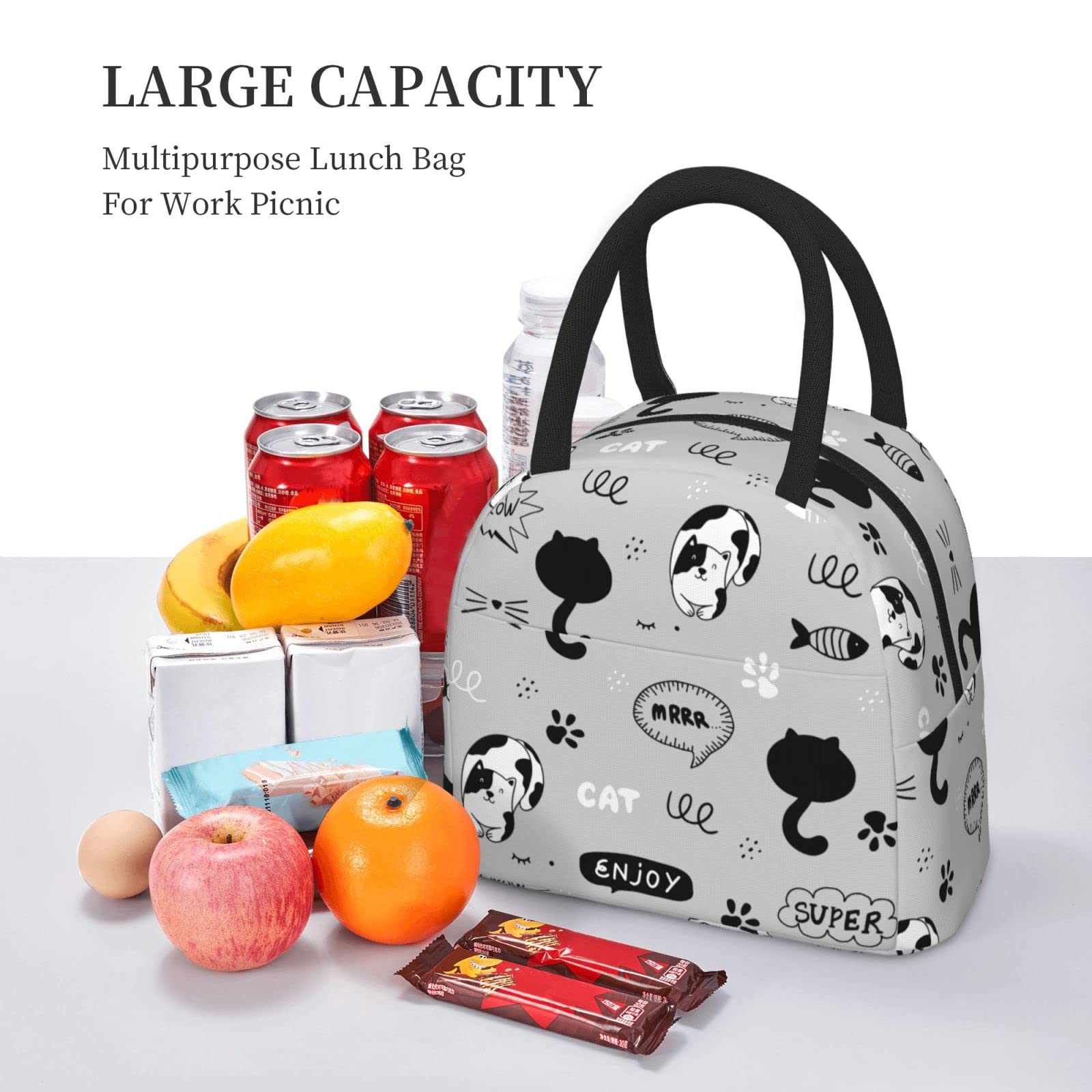 Oplp Cute Cats Fish Cat Paws Lunch Bag Box Meal Prep Insulated Handbag Reusable Lunch Container