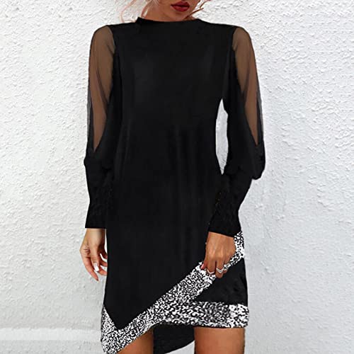 Pinkpaopao Solid Color Cross Asymmetrical Dress Women's Black Crewneck Splicing Mesh Balloon Sleeve Party Dress