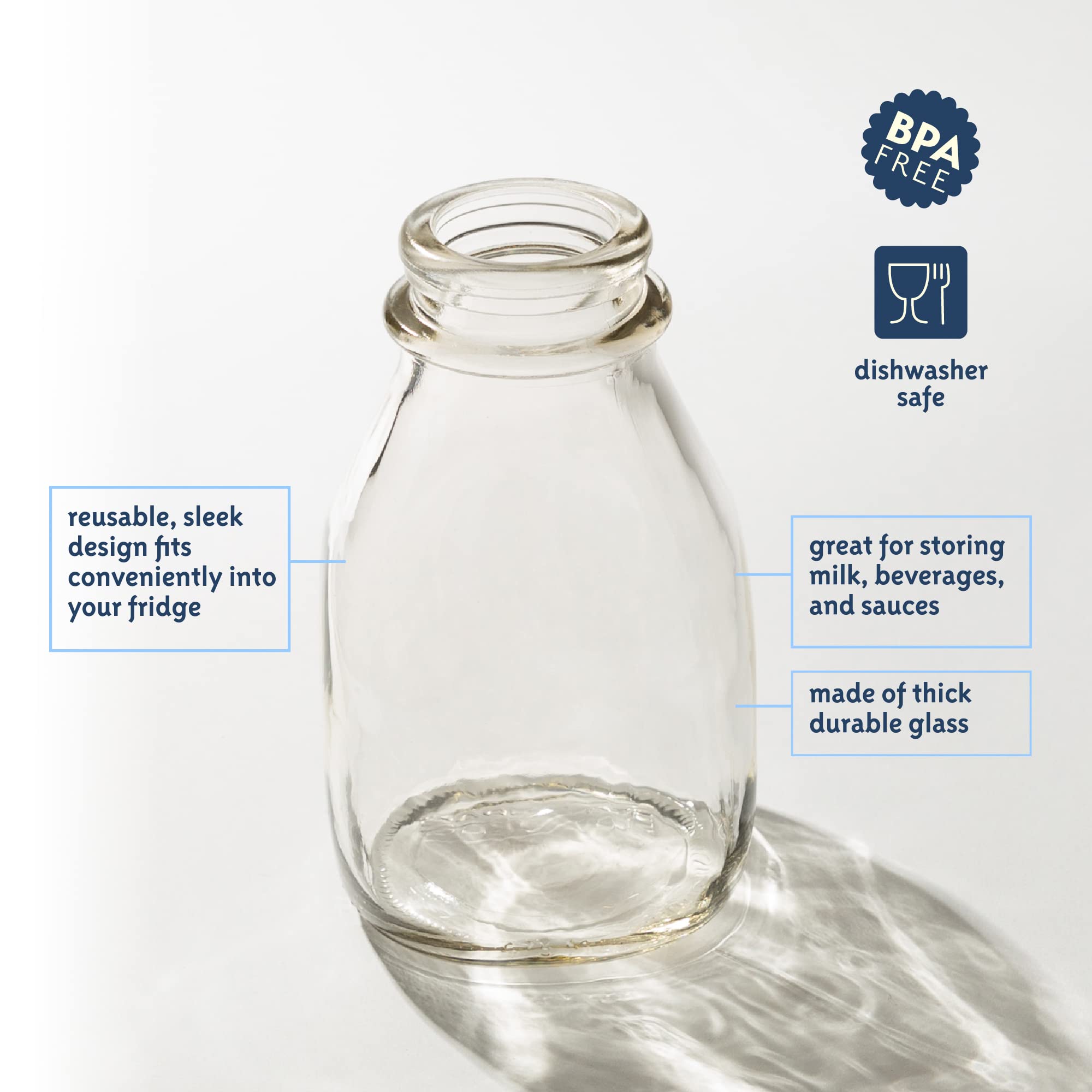 Kitchentoolz 16 Oz Glass Milk Bottle with Lid - 16 Ounce Short and Wide Glass Milk Container for Refrigerator with Tamper Proof Lid and Pour Spout - Pack of 2
