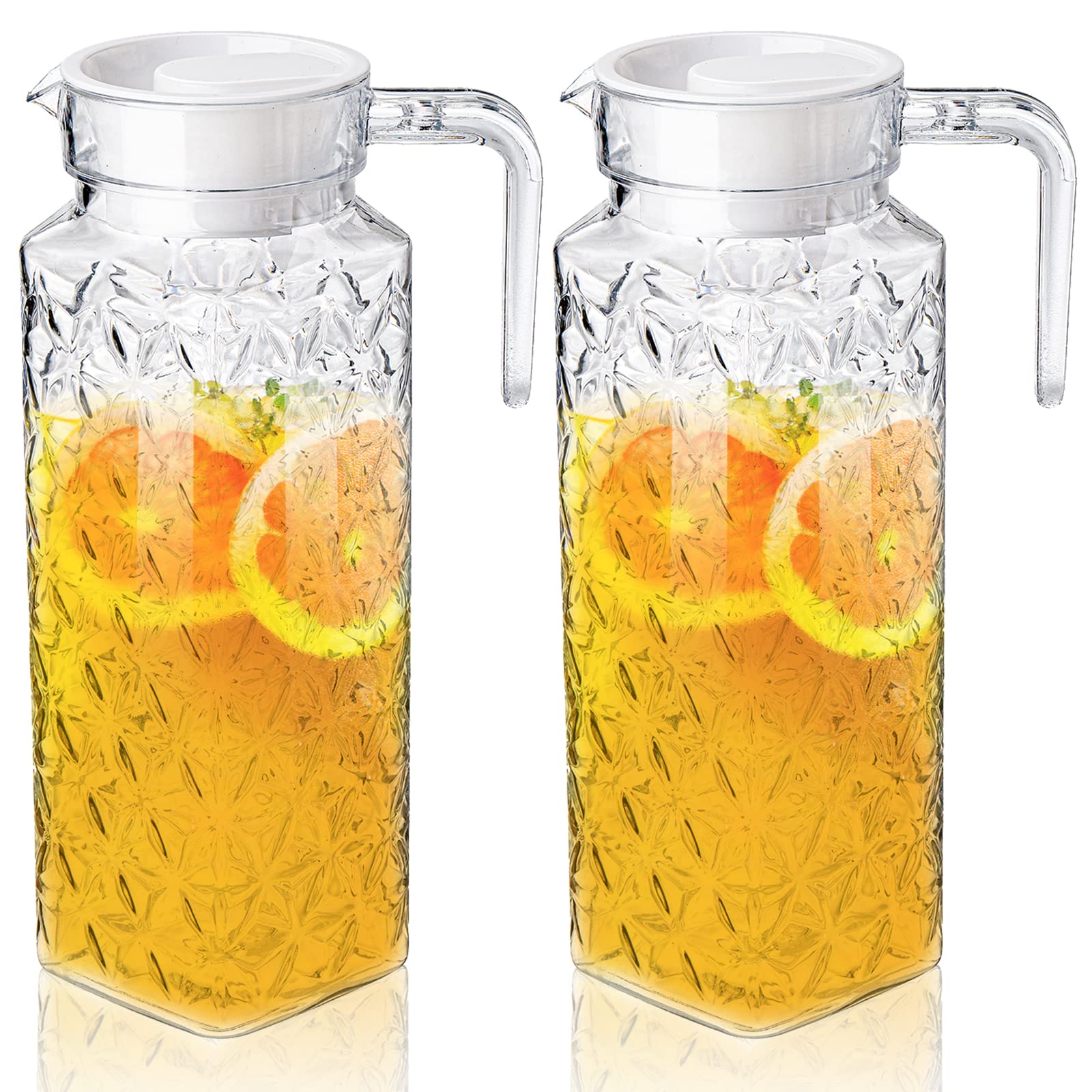 Peohud 2 Pack Acrylic Pitchers, 37oz Clear Plastic Pitcher with Removable Lid, Transparent Juice Jug Water Pitcher for Iced Tea, Sangria, Lemonade, Cold or Hot Beverages, BPA-Free and Shatter-Proof