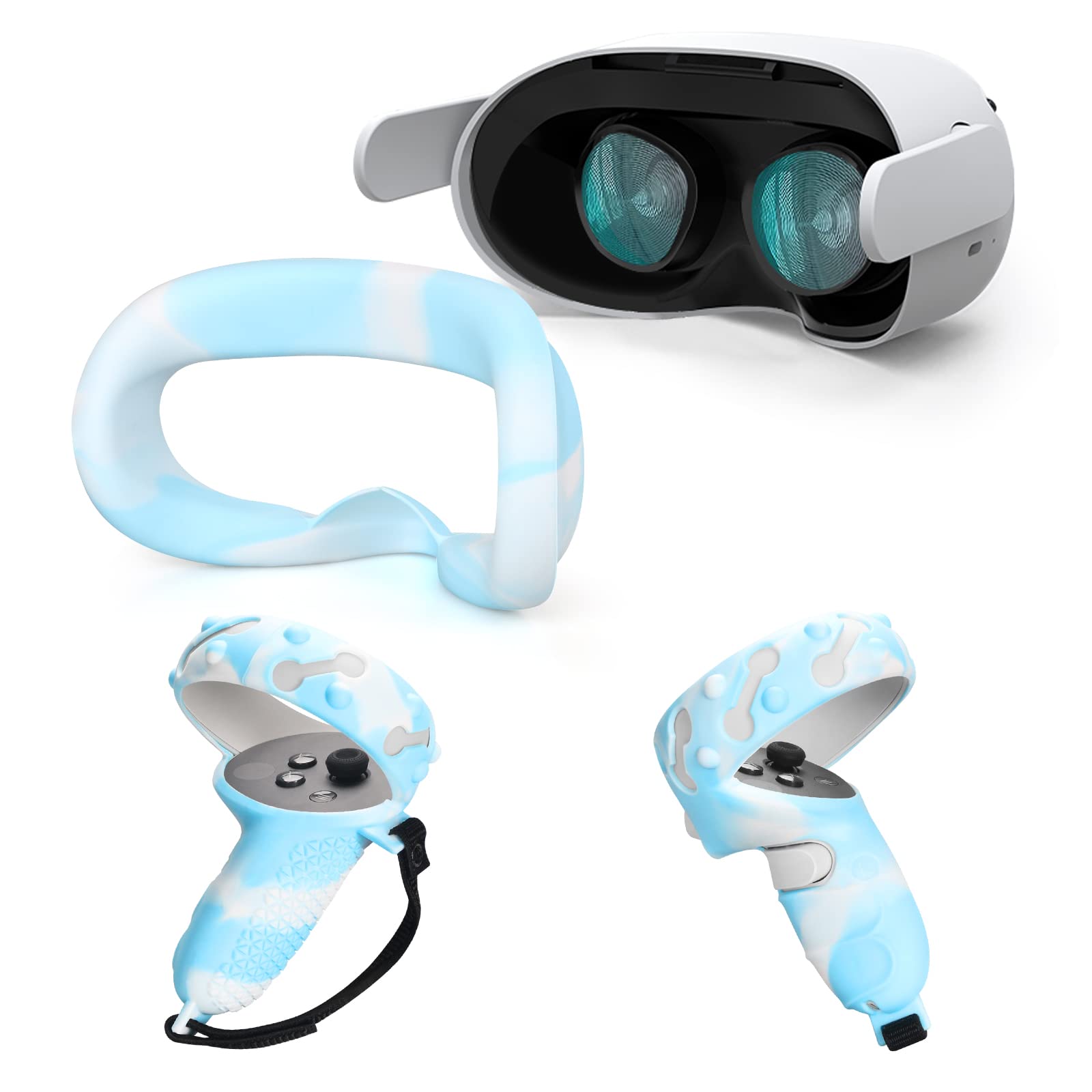 MASiKEN Controller Grips Cover with Face Cover Compatible for Meta Oculus Quest 2, Anti-Throw Grips Cover with Adjustable Wrist Strap and Sweatproof Silicone Face Pad, Quest 2 Accessories Kit (Blue)