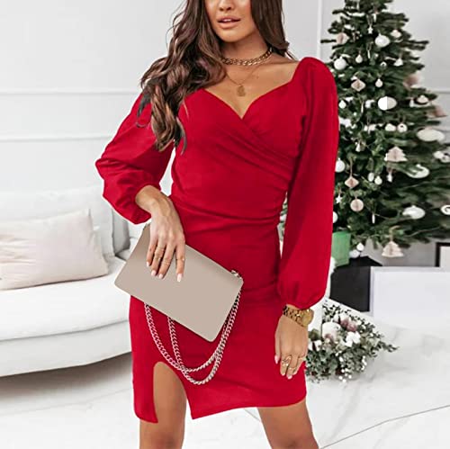 Pinkpaopao Solid Color Party Dress for Women Balloon Long Sleeve Ruched Patchwork Loose Shift Dress Mini Dress